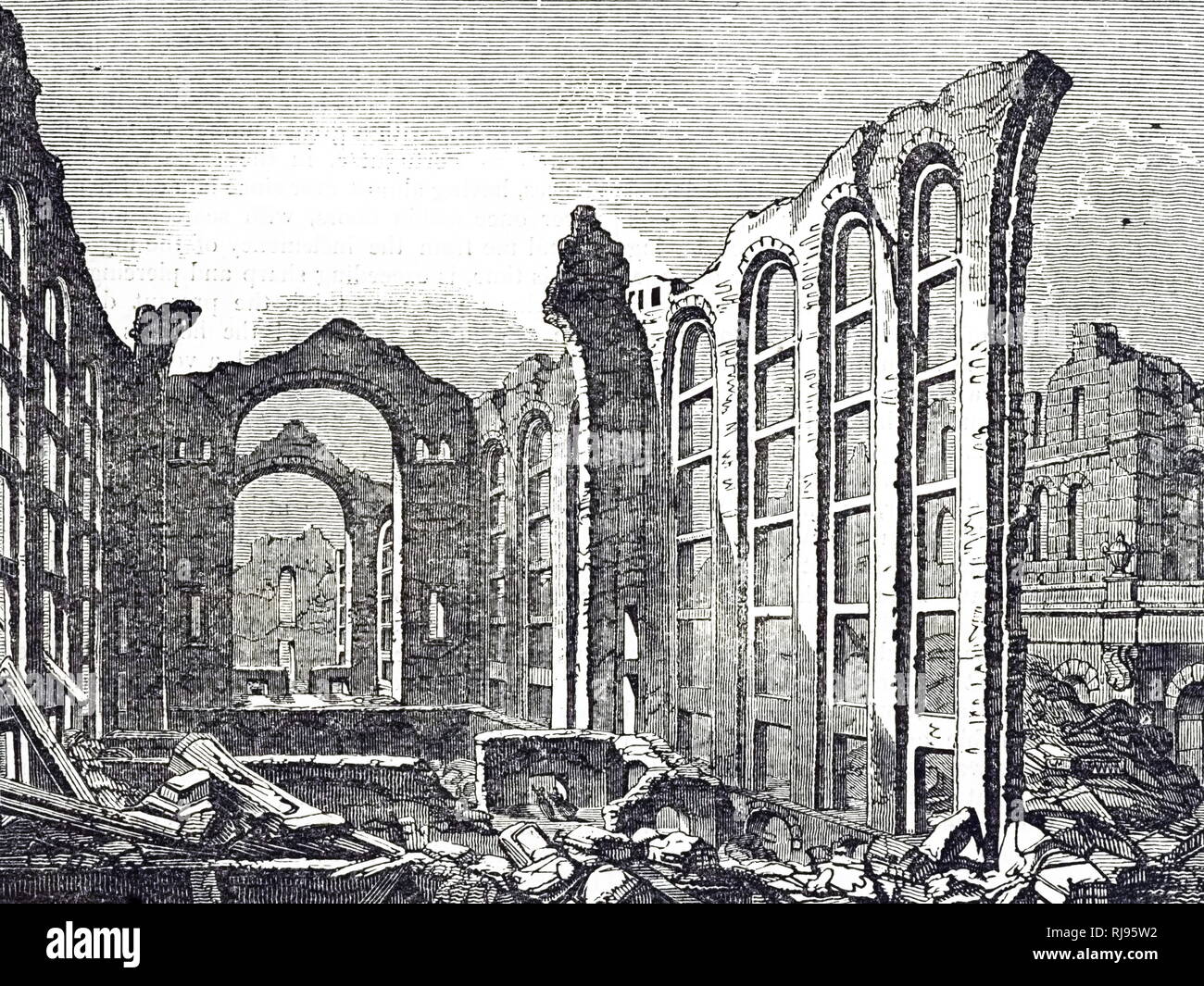 An engraving depicting the ruins of the Lisbon Opera House destroyed in ...