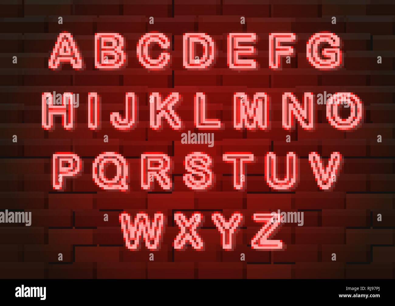 glowing neon letters english alphabet vector illustration on brick wall ...