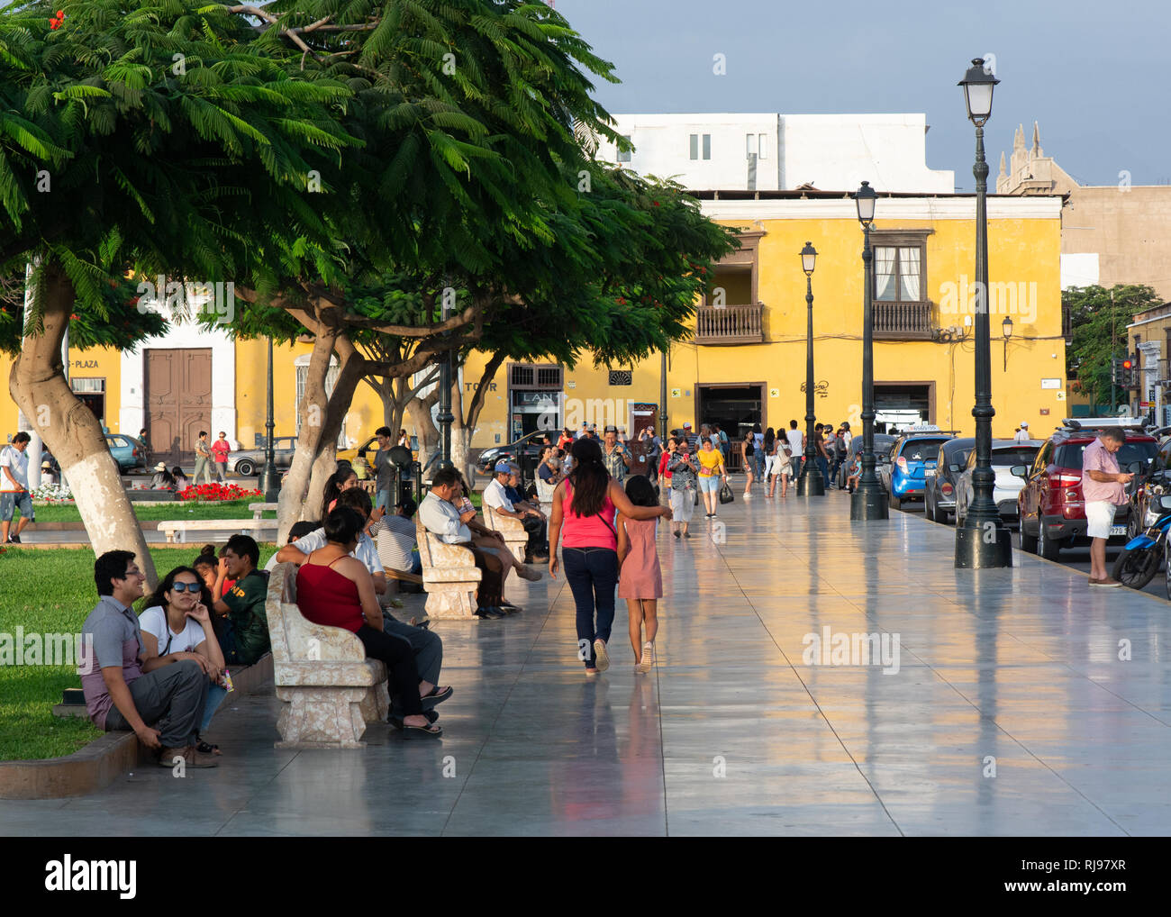 A view of the colonial style main square in Trujillo, Peru Stock Photo ...