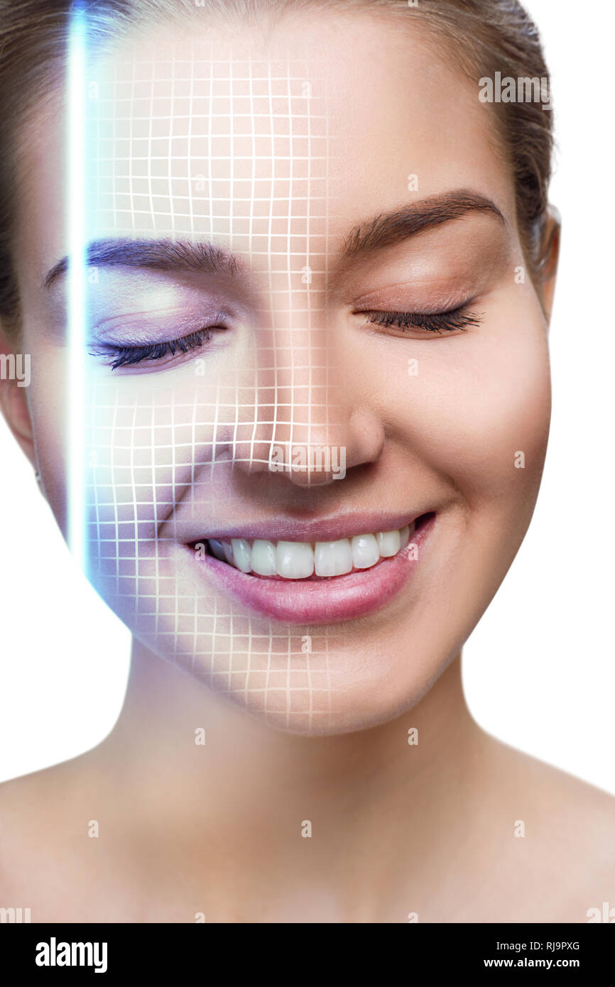 Technological scanning of face of young woman Stock Photo - Alamy