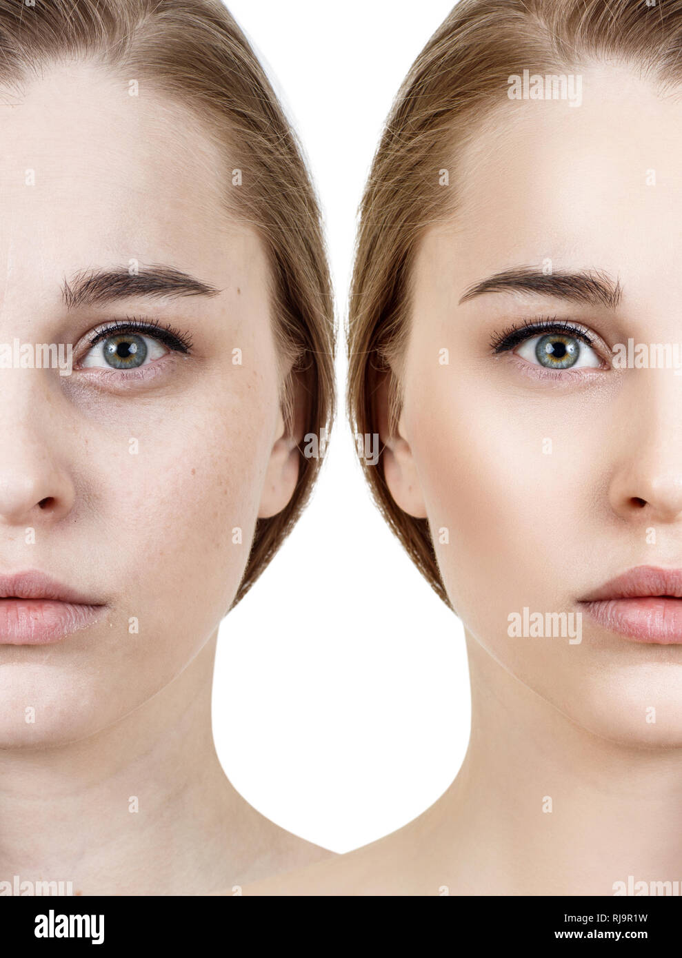 Comparison portrait of young woman before and after retouch Stock Photo ...