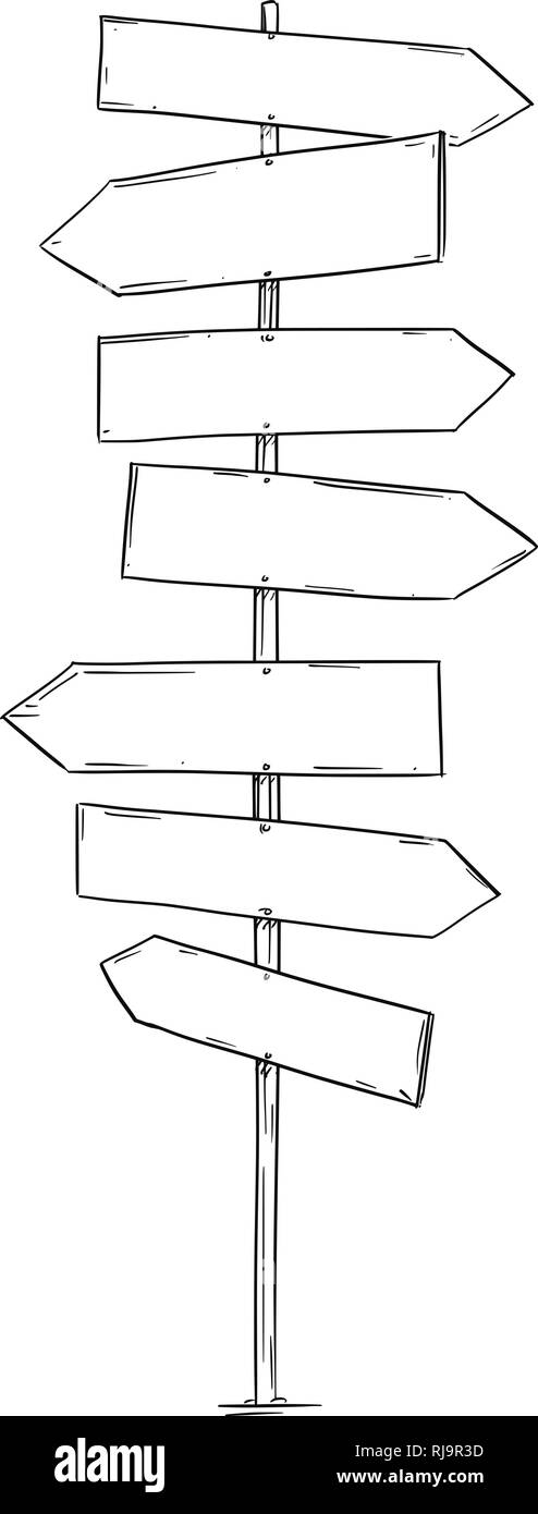 Drawing of Empty Old Wooden Road Seven Directions Arrow Sign Stock ...