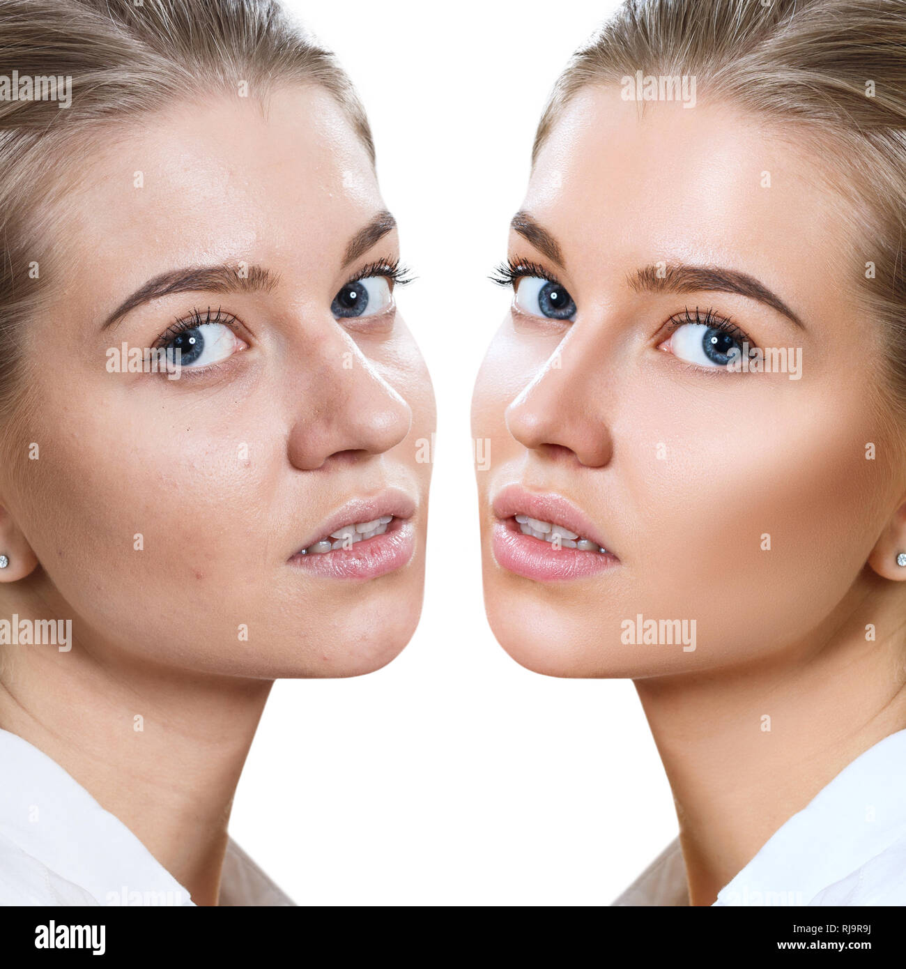 Comparison portrait of young woman before and after retouch Stock Photo ...