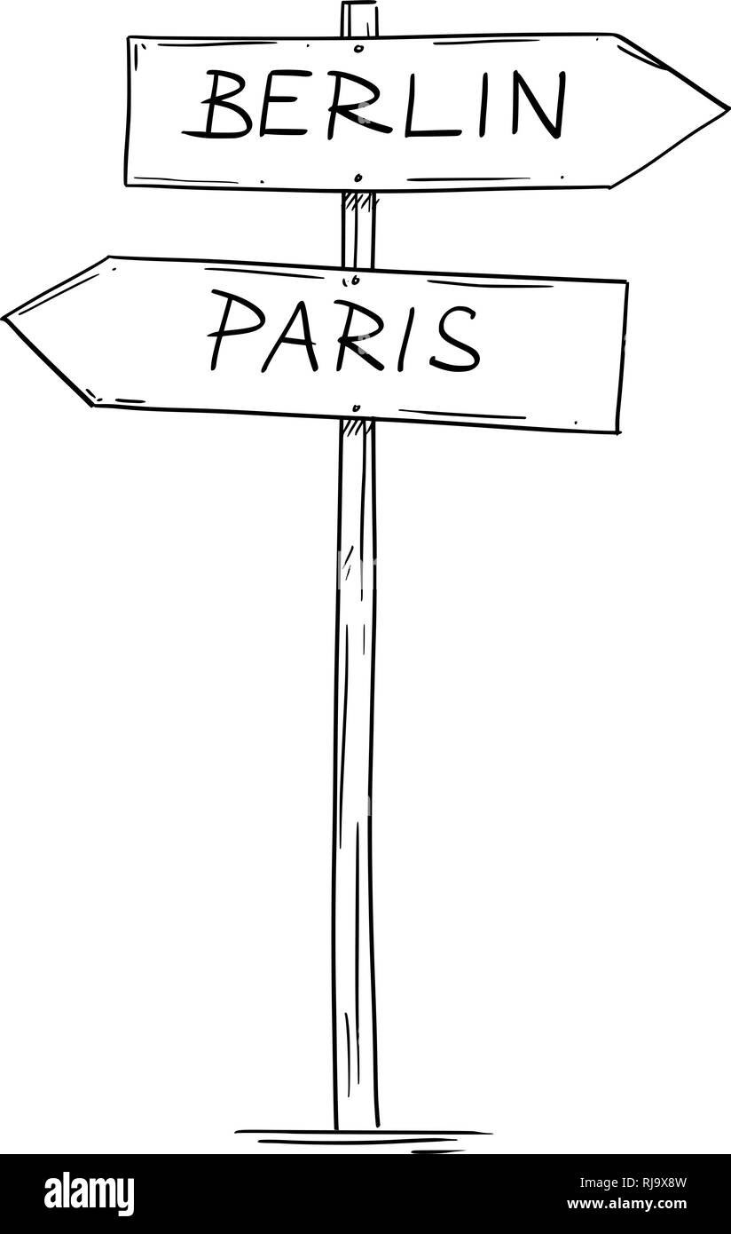 Drawing of Old Two Directional Arrow Road Sign With Berlin and Paris ...