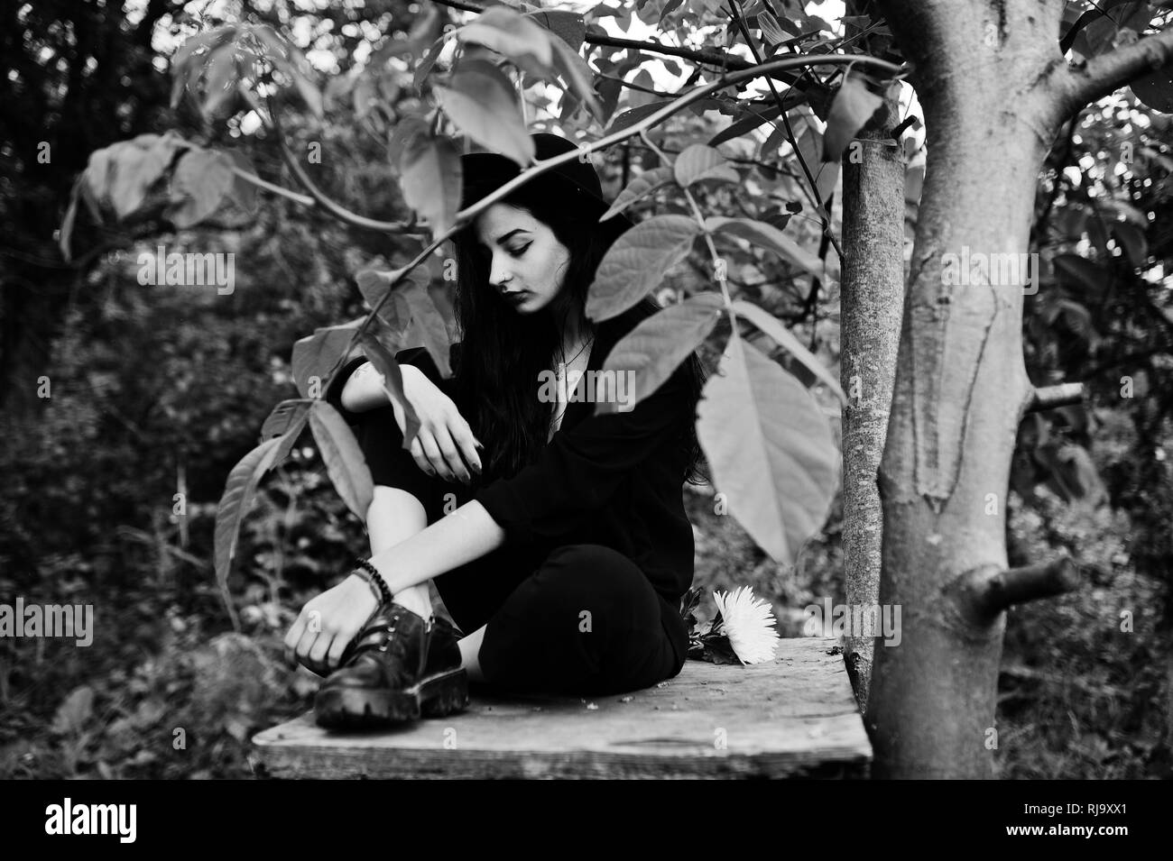 Sensual Girl All In Black Red Lips And Hat Goth Dramatic Woman Black