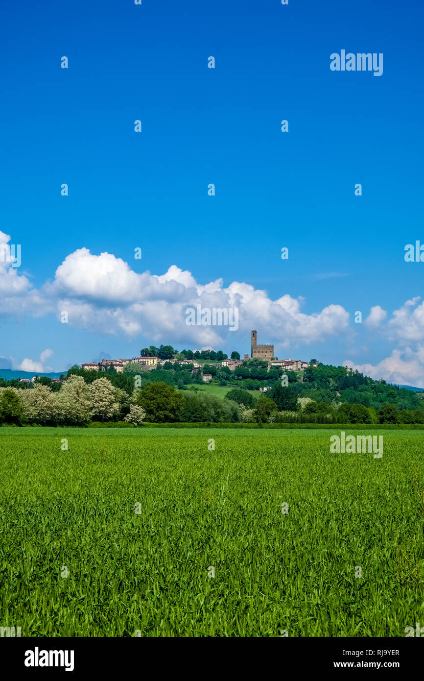 Typical hilly Tuscan countryside with fields and trees, the medieval ...