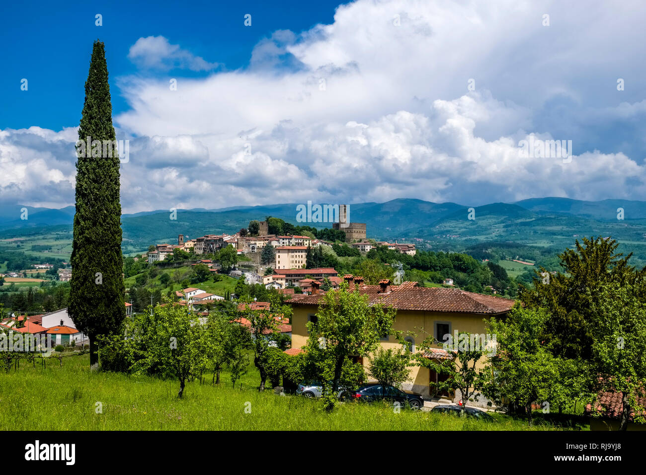 Typical hilly Tuscan countryside with fields and trees, the medieval ...