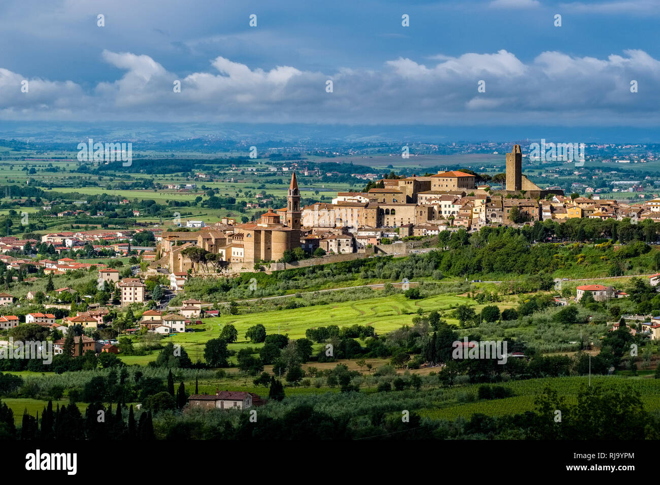 Typical hilly Tuscan countryside, the medieval town located on top of a ...