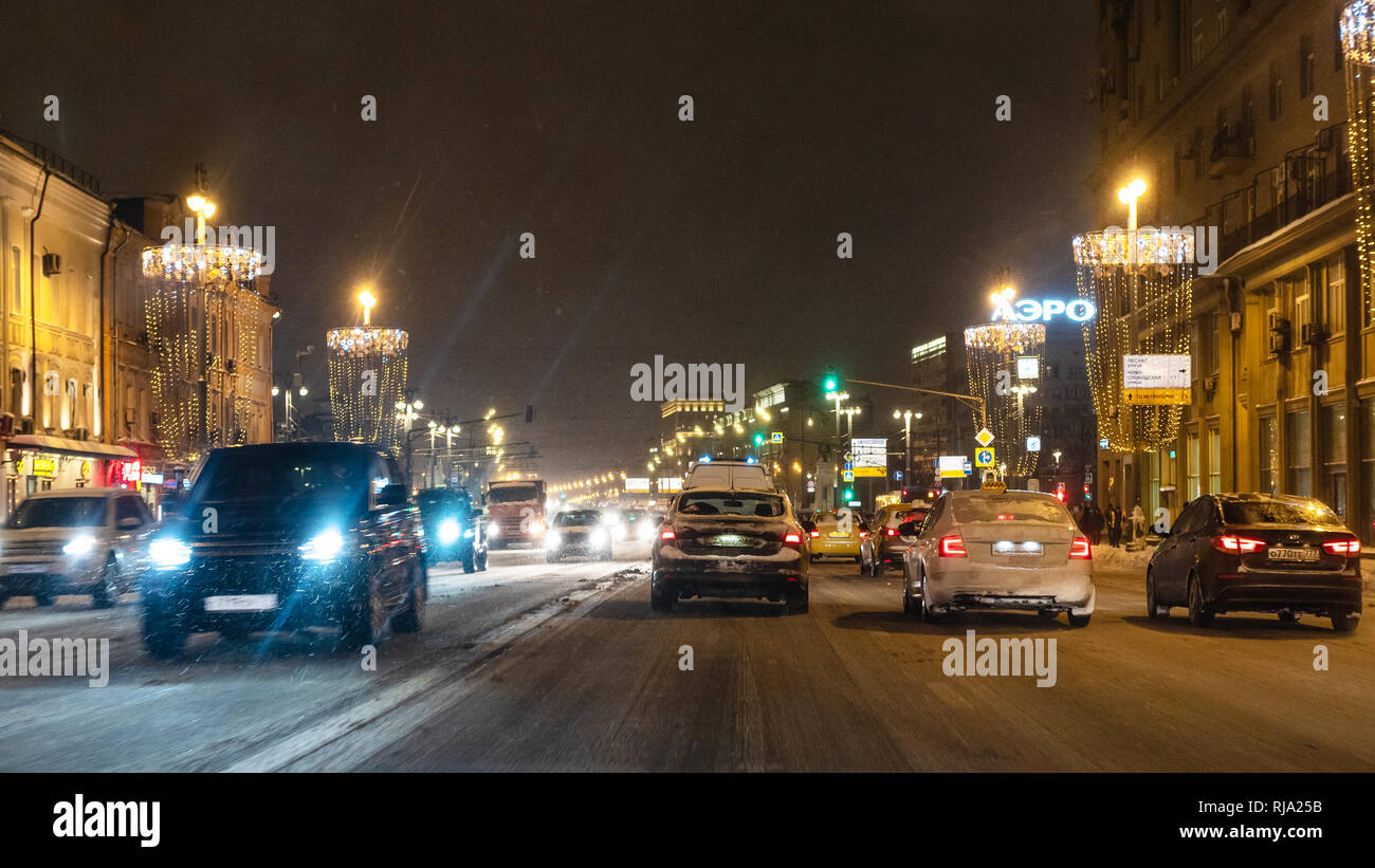 MOSCOW, RUSSIA - JANUARY 26, 2019: night car traffic on Tverskaya ...