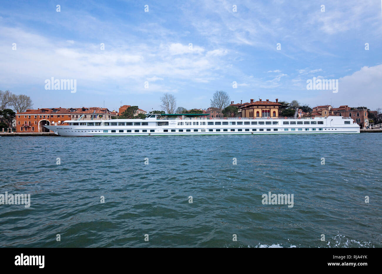 Michelangelo excursion boat is located on the shore in Venice Stock ...