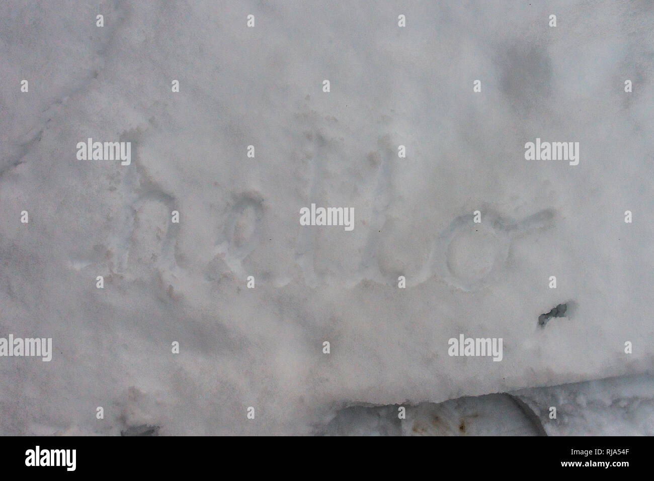 'hello' written in the snow Stock Photo - Alamy