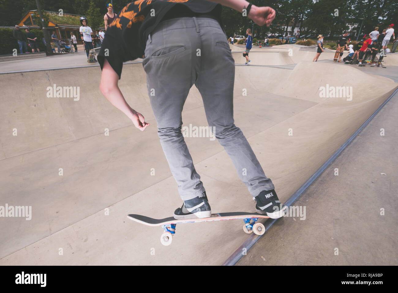 A man skating at The Level Skatepark in Brighton, East Sussex, England ...