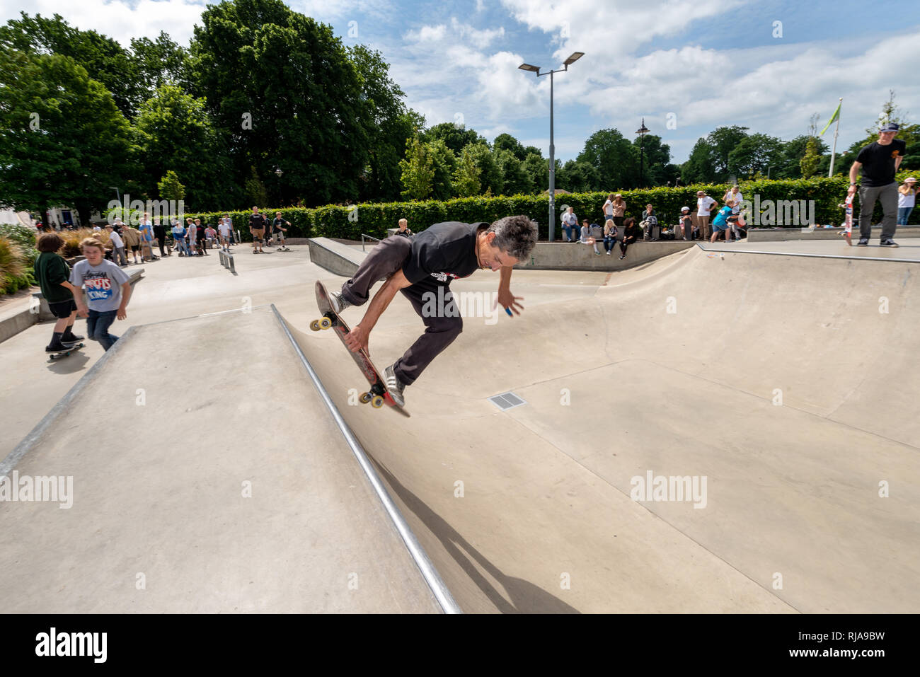 A man skating at The Level Skatepark in Brighton, East Sussex, England ...