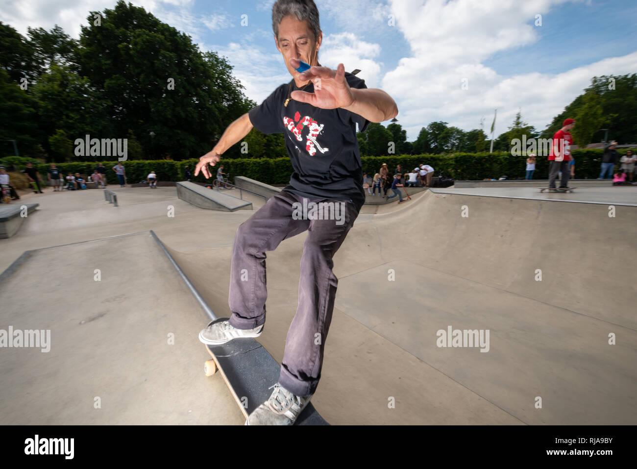 A man skating at The Level Skatepark in Brighton, East Sussex, England ...
