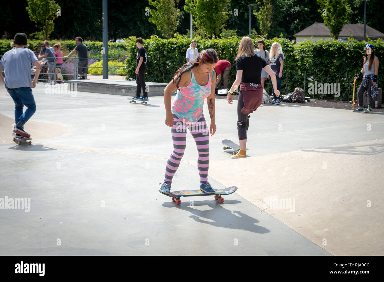 A teenage girl skating at The Level Skatepark in Brighton, East Sussex ...