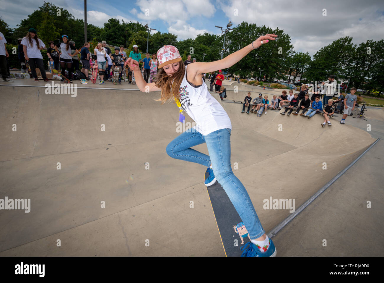 A teenage girl skating at The Level Skatepark in Brighton, East Sussex ...
