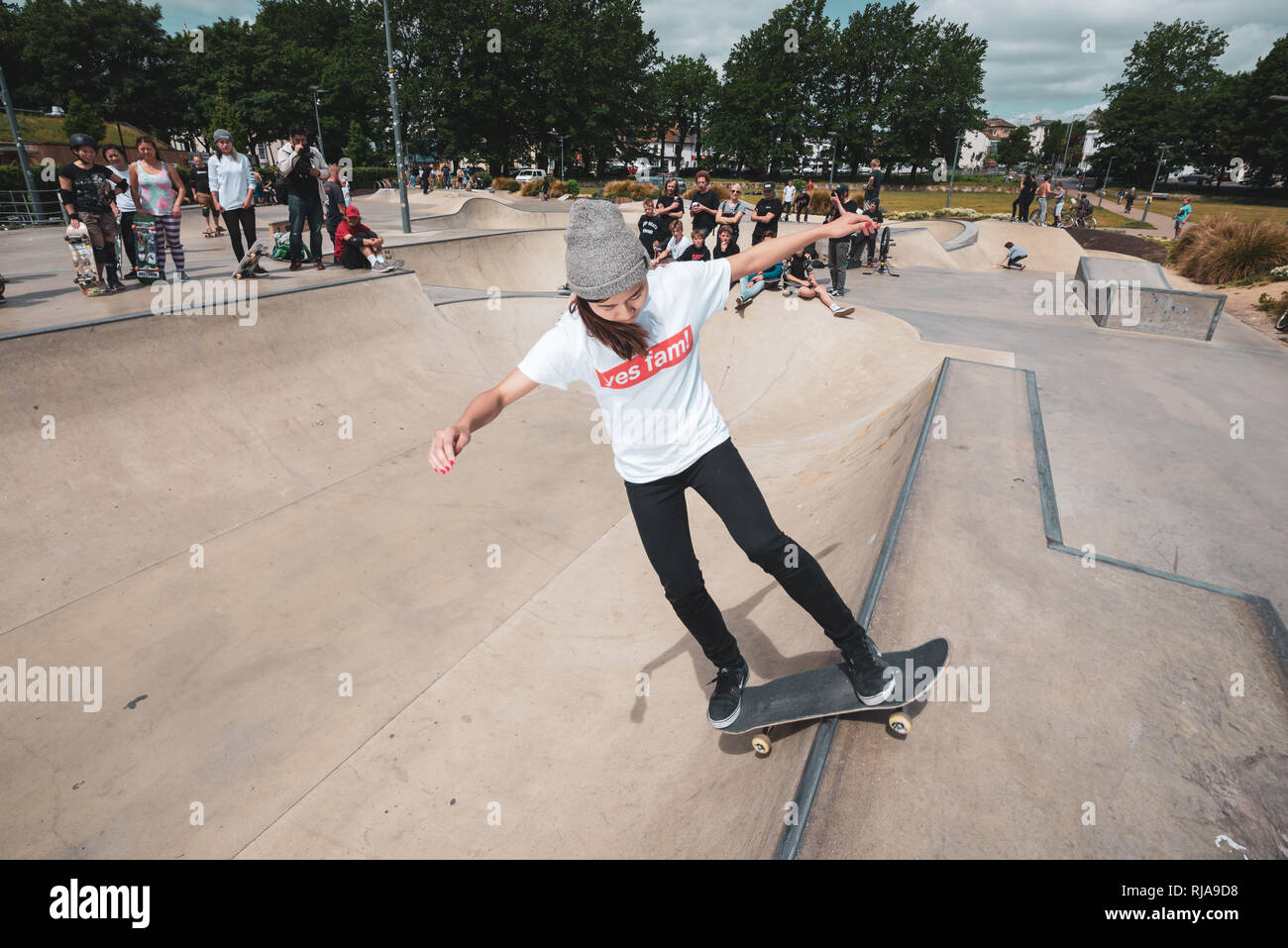 A teenage girl skating at The Level Skatepark in Brighton, East Sussex ...