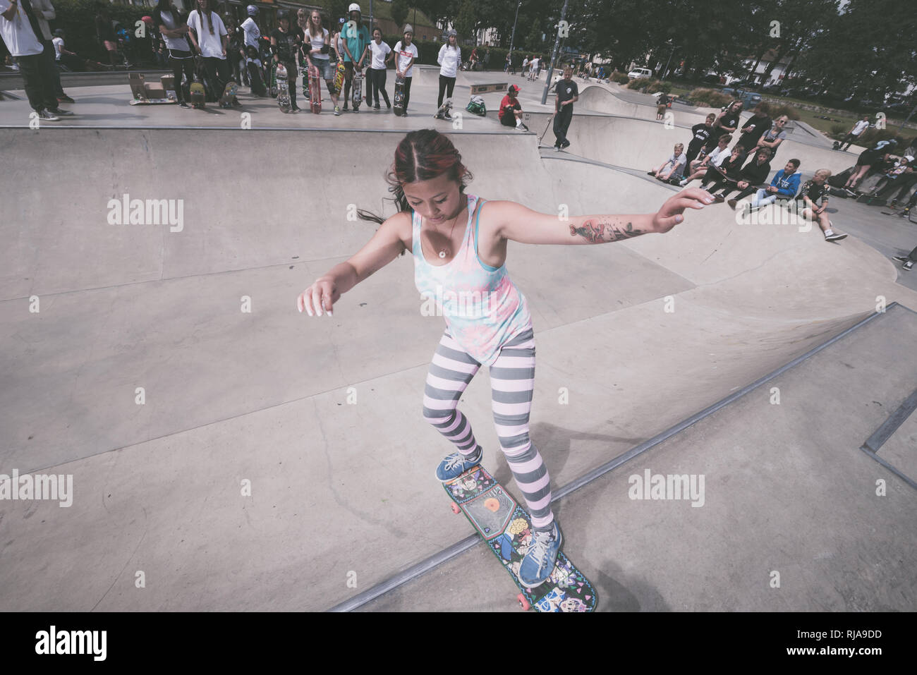 A teenage girl skating at The Level Skatepark in Brighton, East Sussex ...