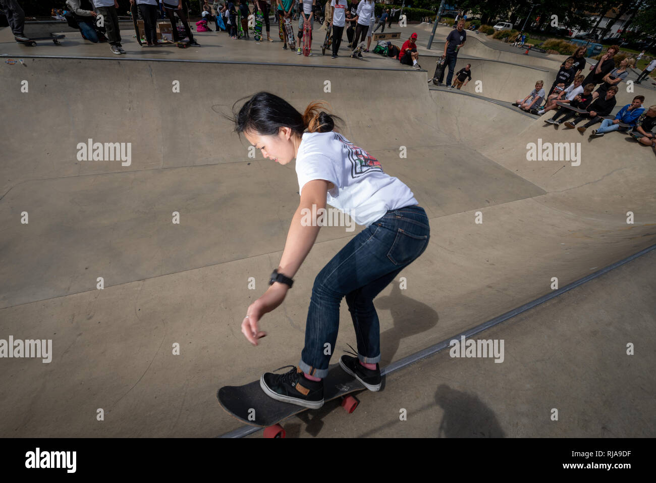 A teenage girl skating at The Level Skatepark in Brighton, East Sussex ...