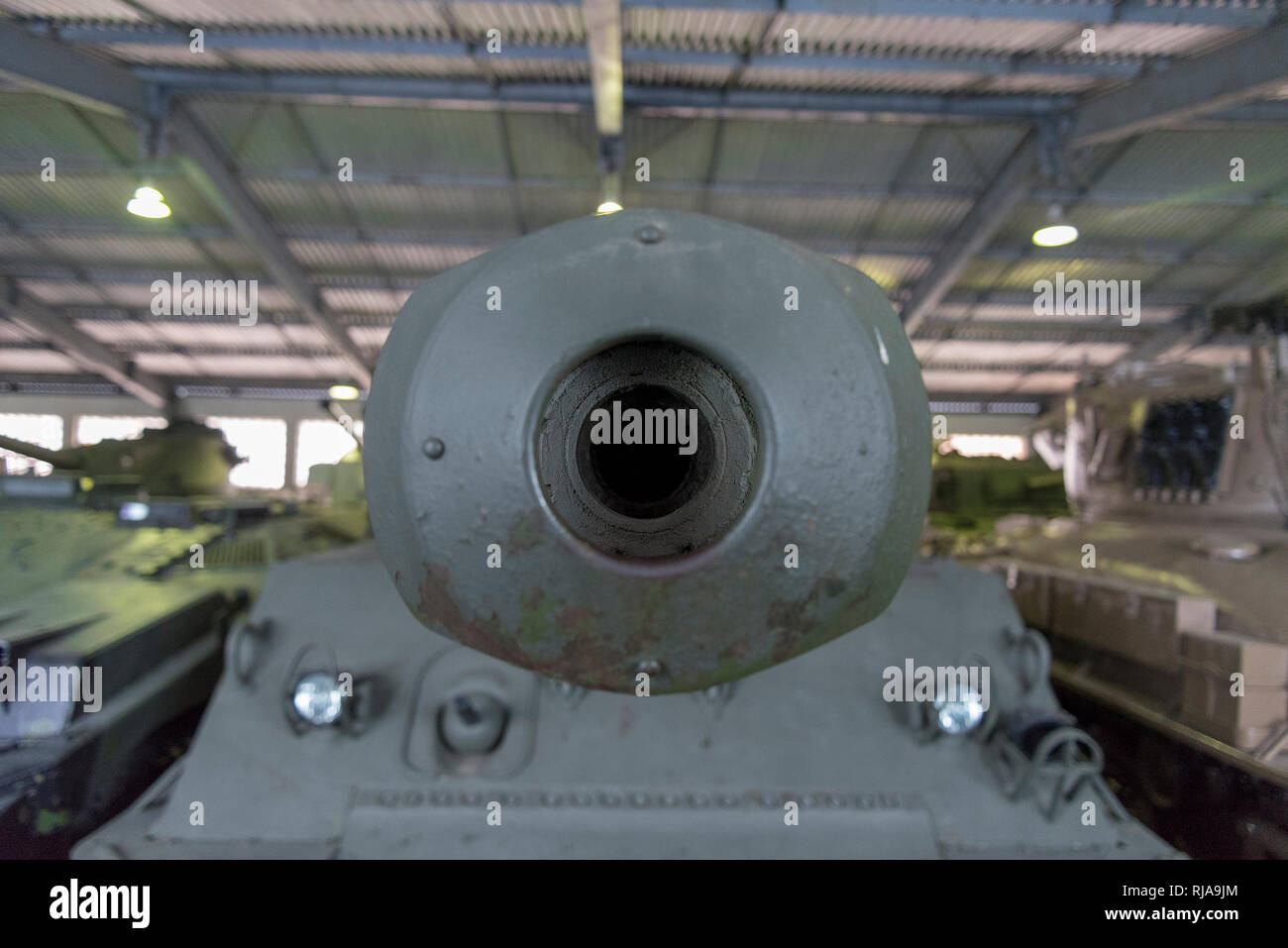 Gun barrel close-up, large-caliber barrel of the tank. Armament of old ...
