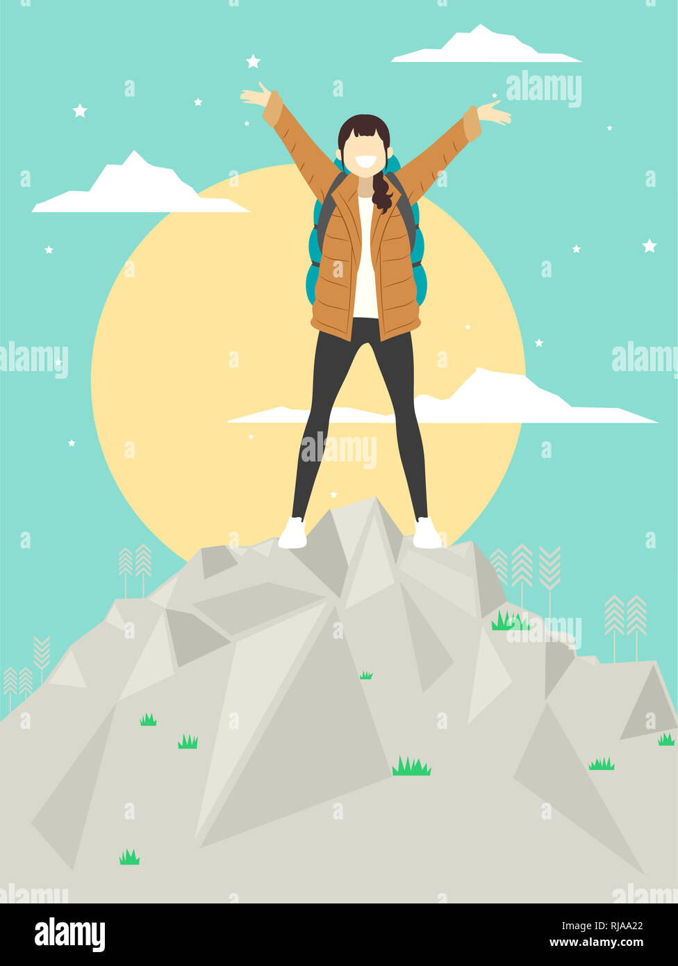 Illustration of a Girl On Top of a Mountain Celebrating Her Mountain ...