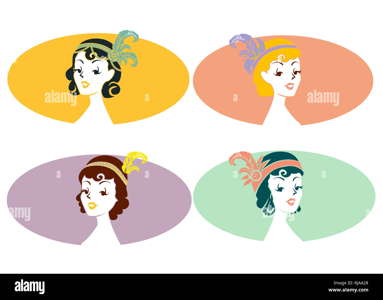 Illustration of Girls Wearing Flapper Headdress in Different Retro ...