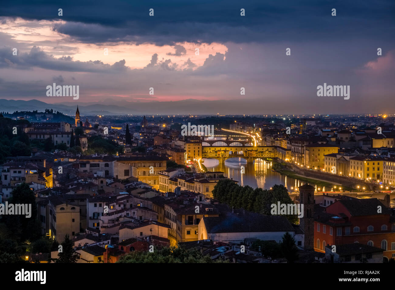 Panoramic aerial view on the illuminated town from Piazza Michelangelo ...