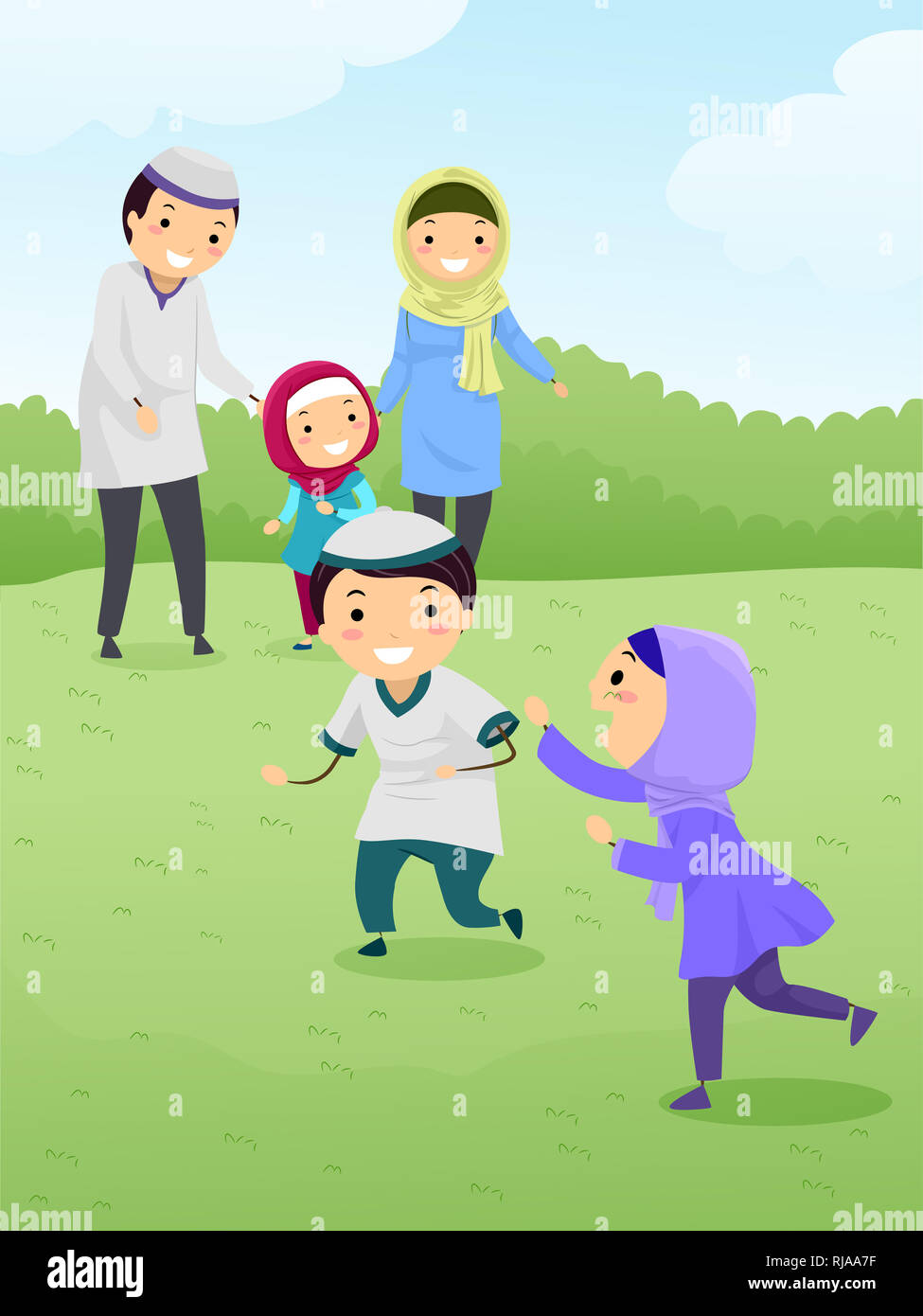 Illustration of a Muslim Family Playing Outdoors with Kids Running ...