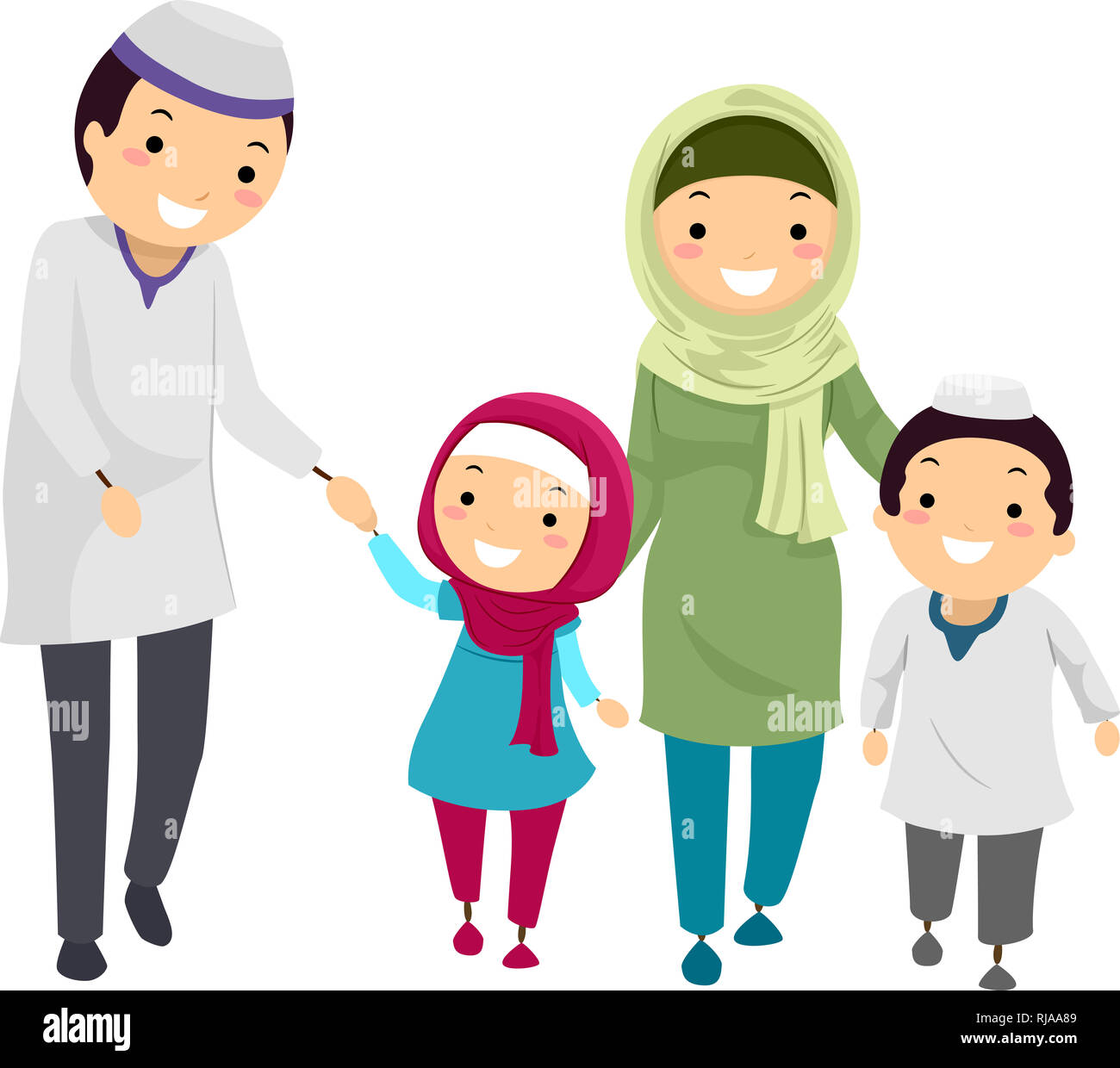 Illustration of a Muslim Stickman Family Walking Together Stock Photo ...