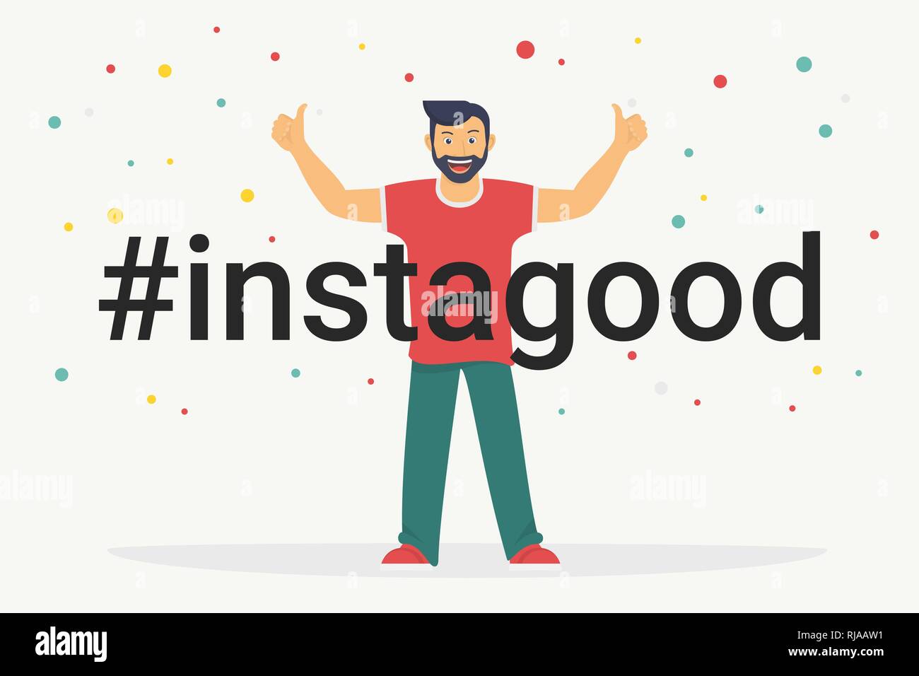 Hashtag instagood concept flat vector illustration of happy guy smiling ...
