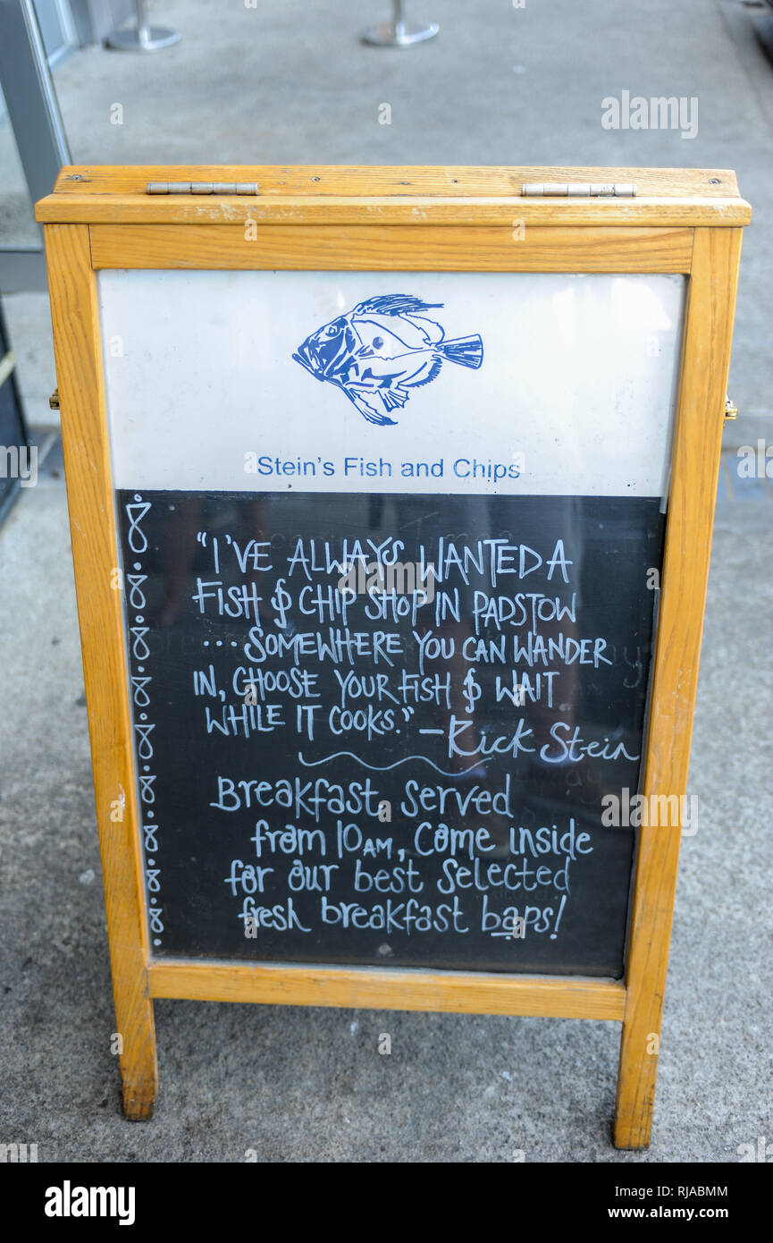 A Stein's Fish and Chips sign board outside Rick Stein's fish and chips ...
