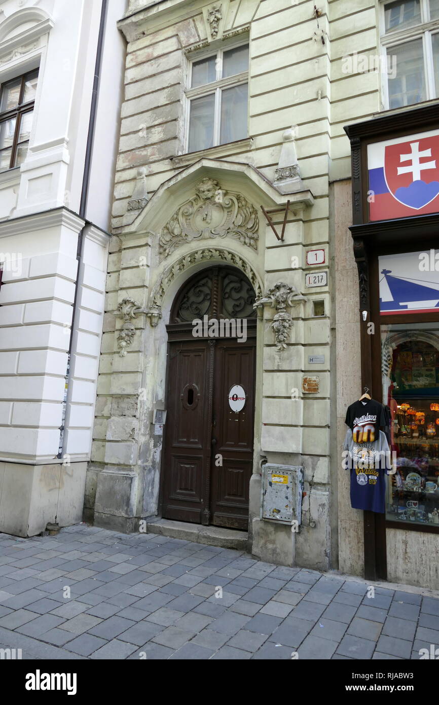 Traditional architecture with painted facades, in Bratislava, the ...