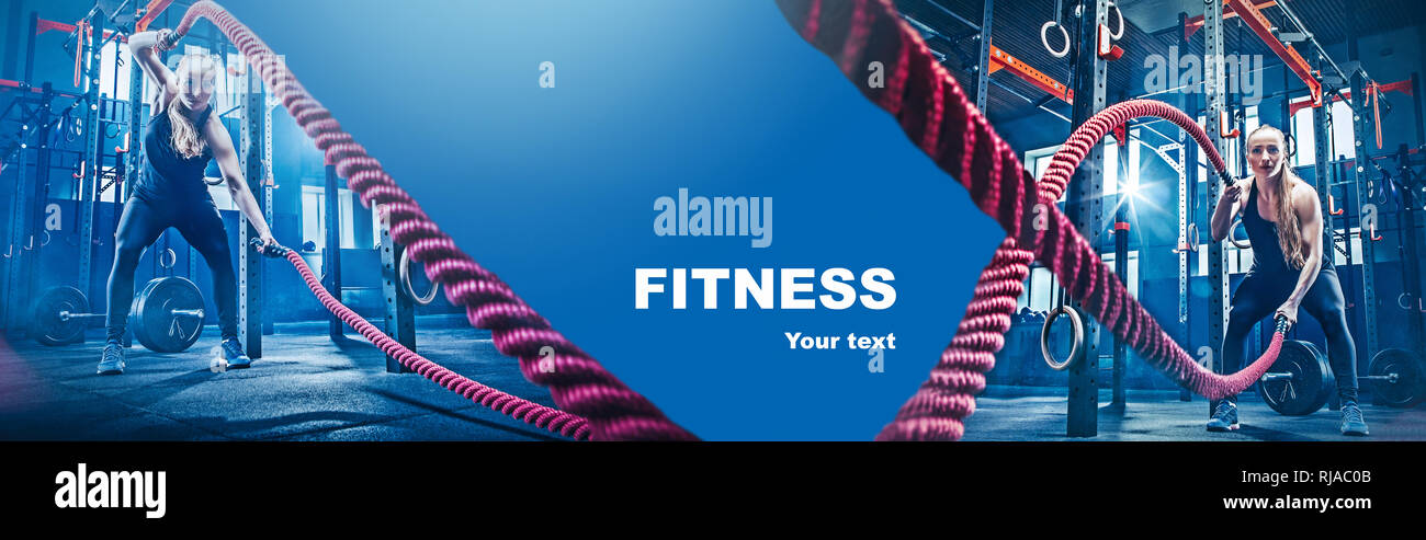 Collage about man with battle rope and woman in the fitness gym. The ...