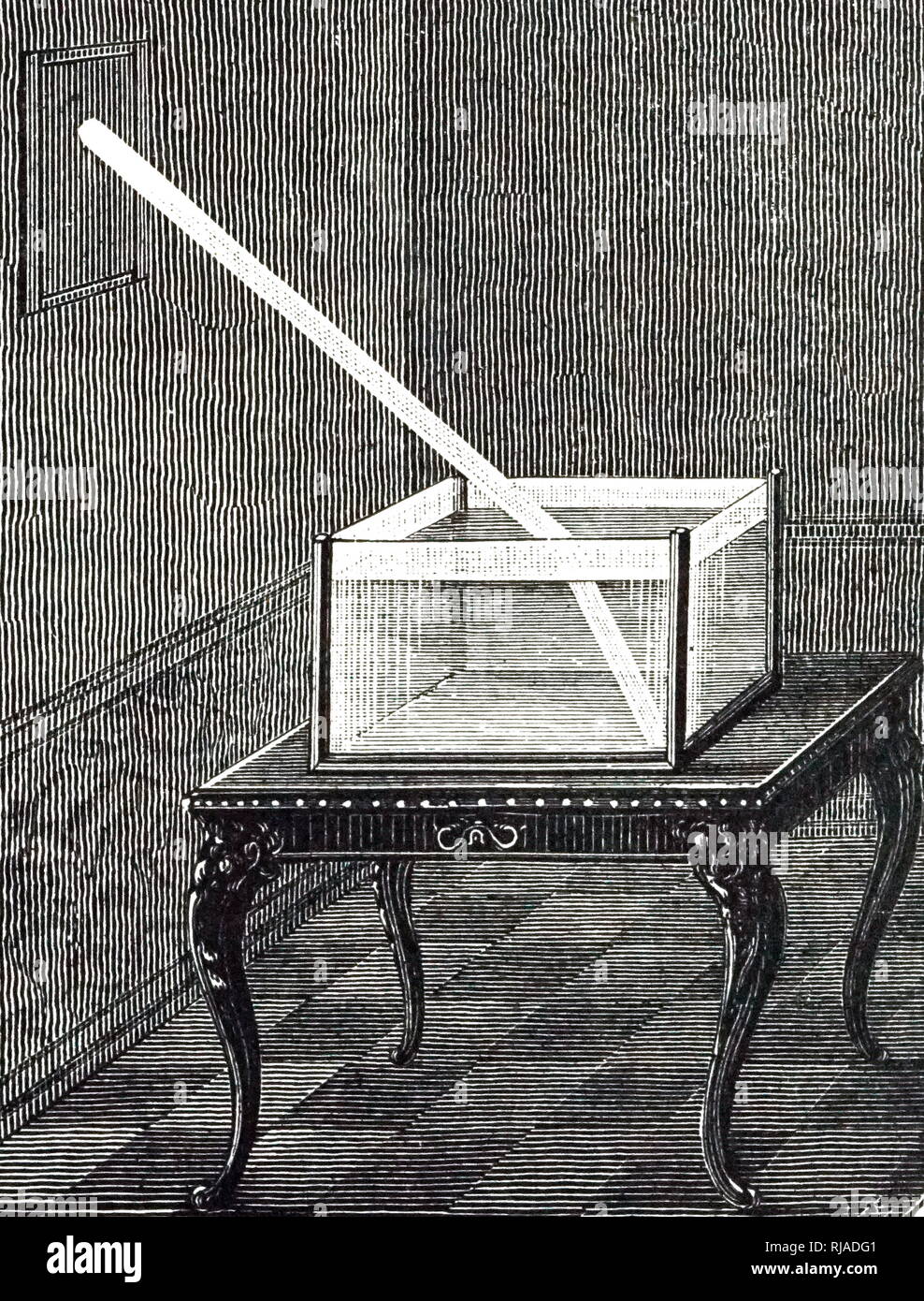 An engraving depicting the refraction of a beam of light in a bowl of ...