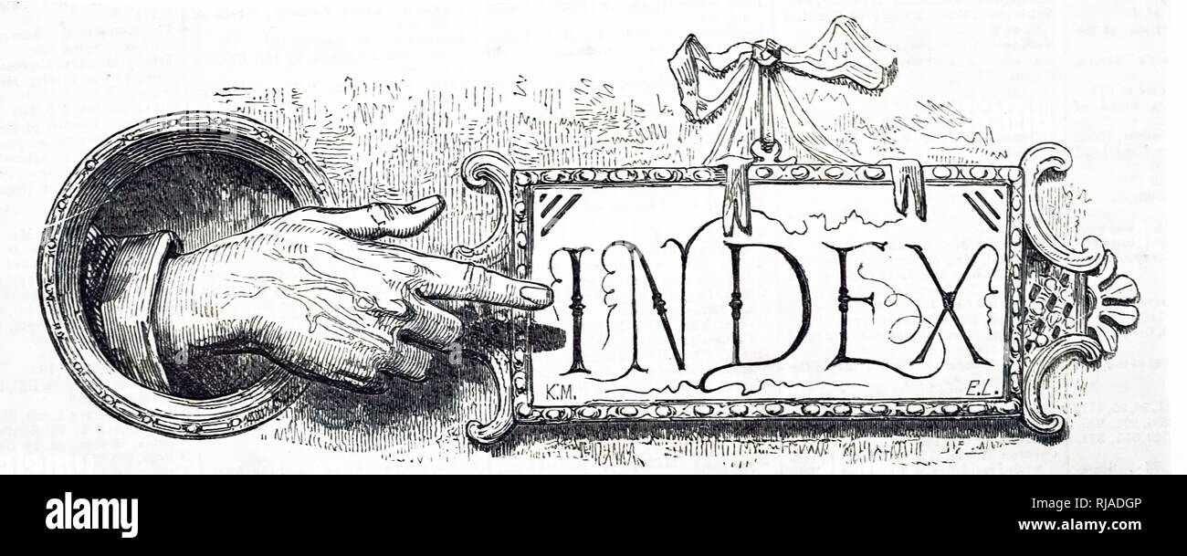 An engraving depicting a decorative pointing finger. Dated 19th century ...