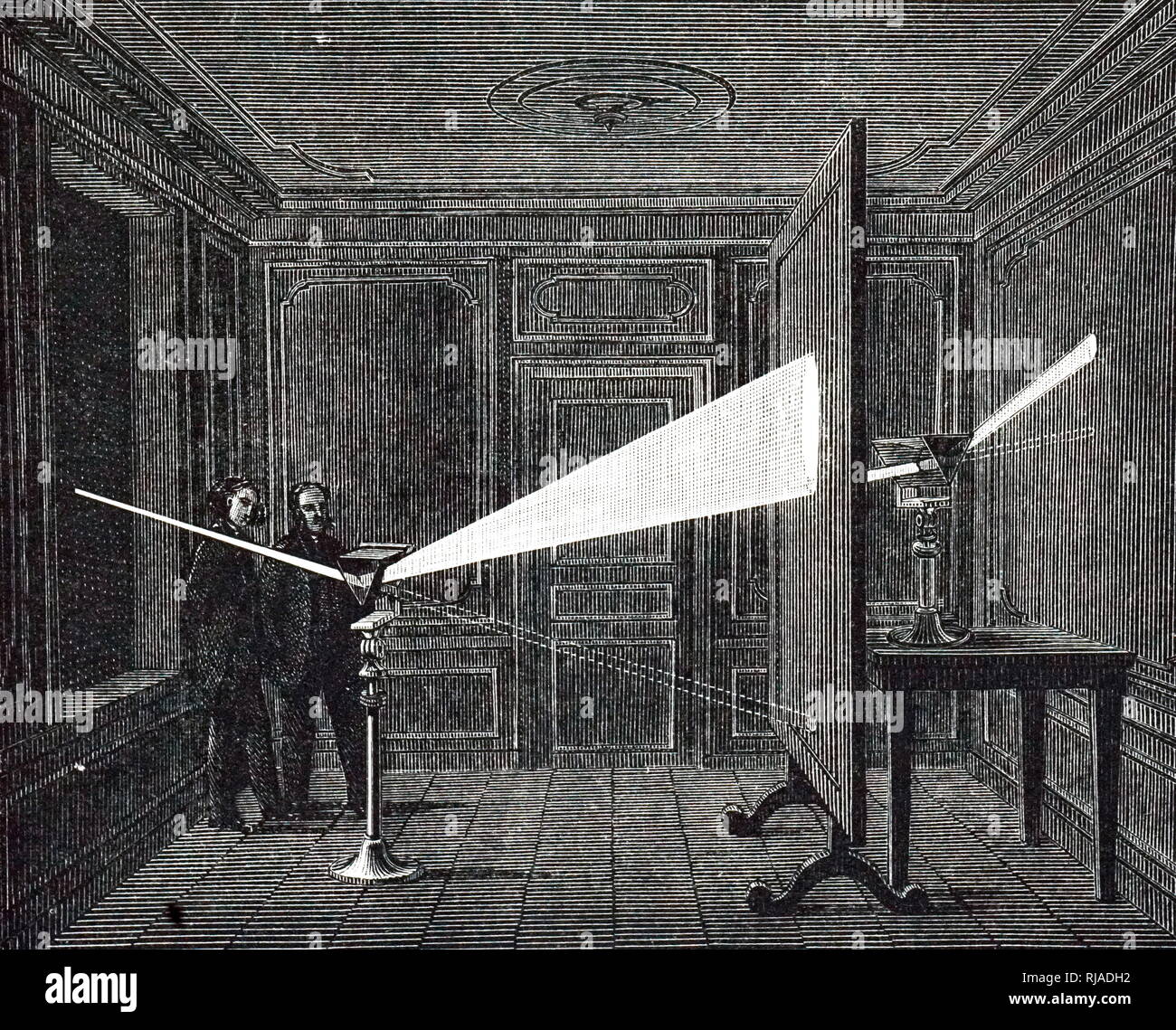 An engraving depicting the projecting of a beam of sunlight (white ...