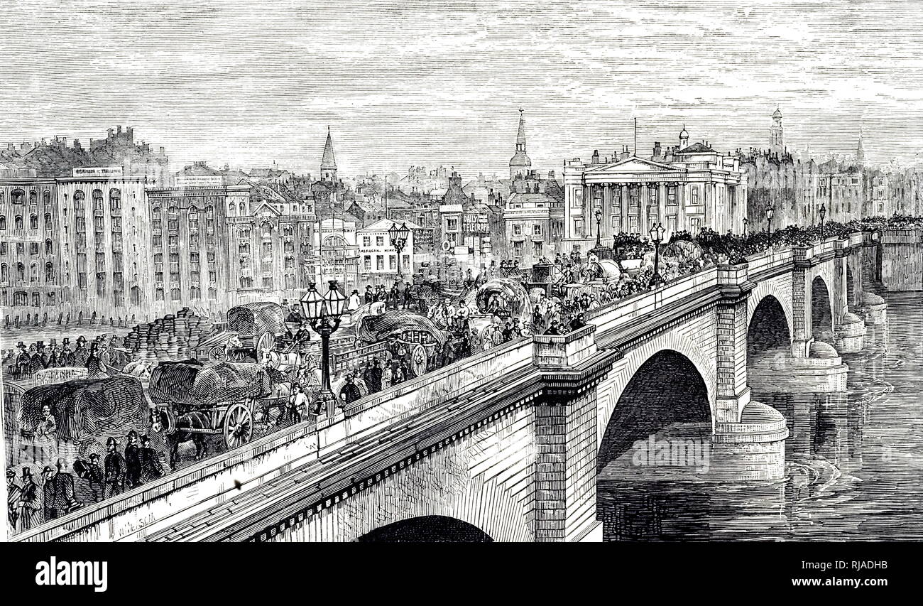 An engraving depicting London Bridge crowded with traffic. Dated 19th ...