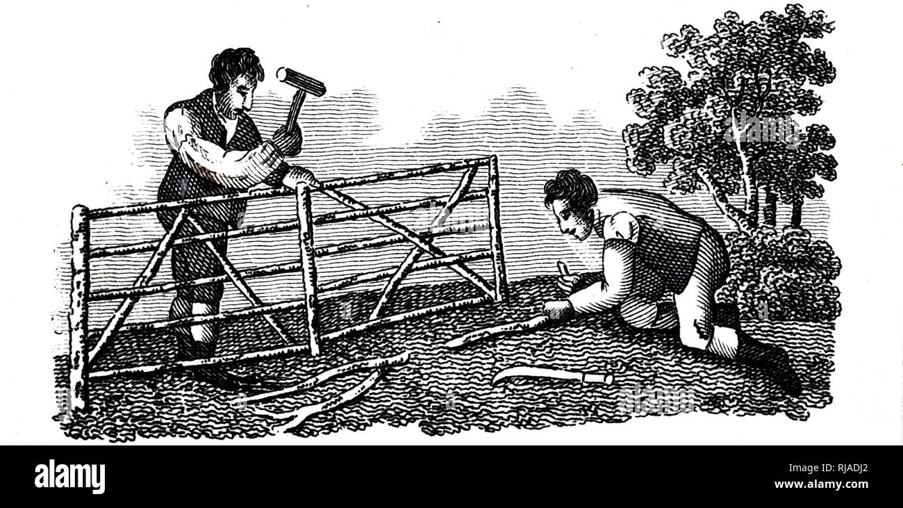 An engraving depicting two men building hurdles. Dated 19th century ...