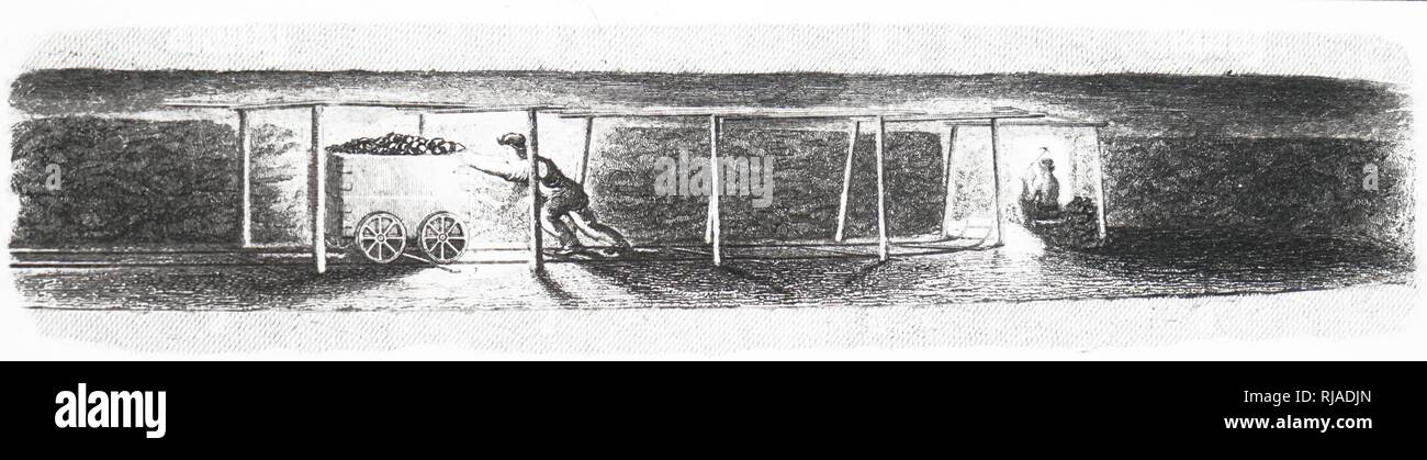 An engraving depicting a putter pushing a wagon of coal along the rail ...