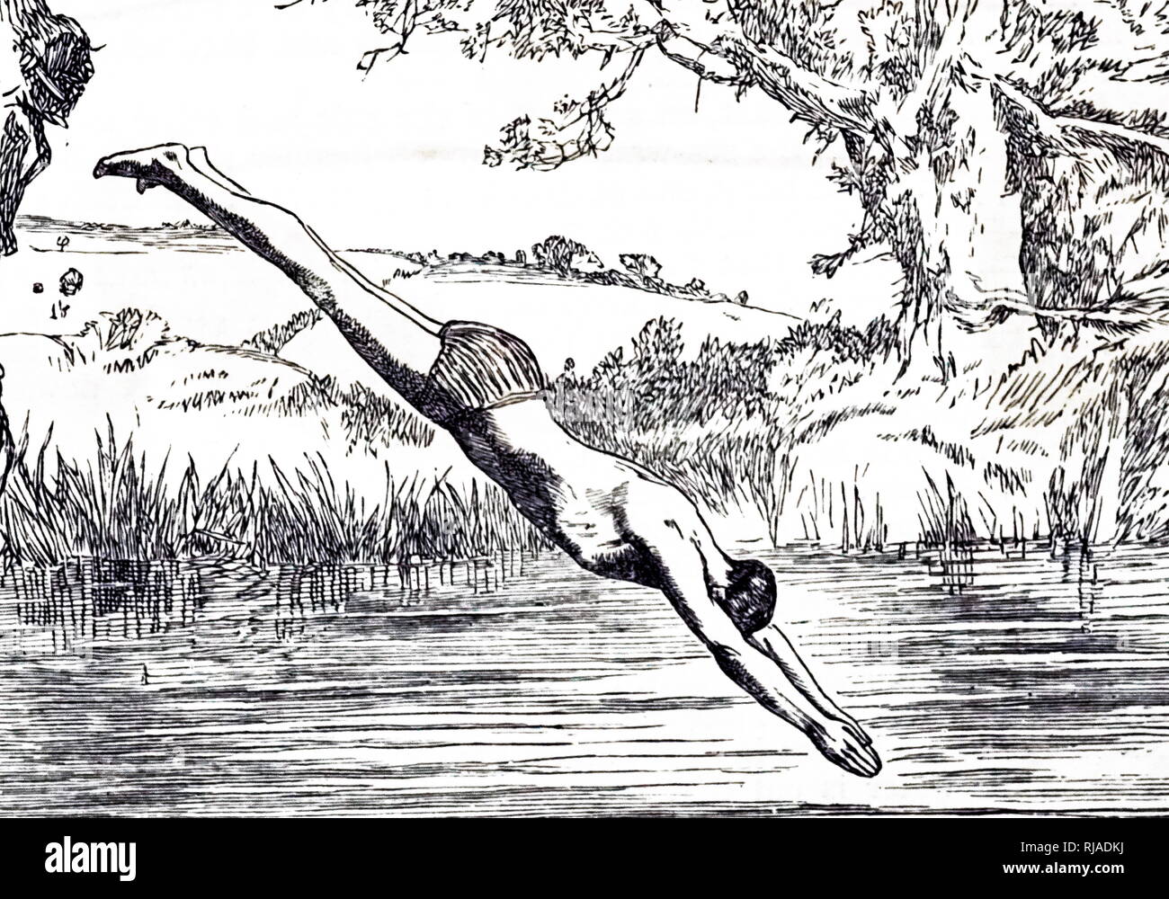 An engraving depicting a man diving into a river. Dated 19th century ...