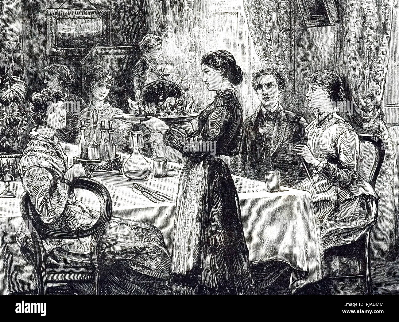 An engraving depicting the maid bringing in the Christmas pudding ...