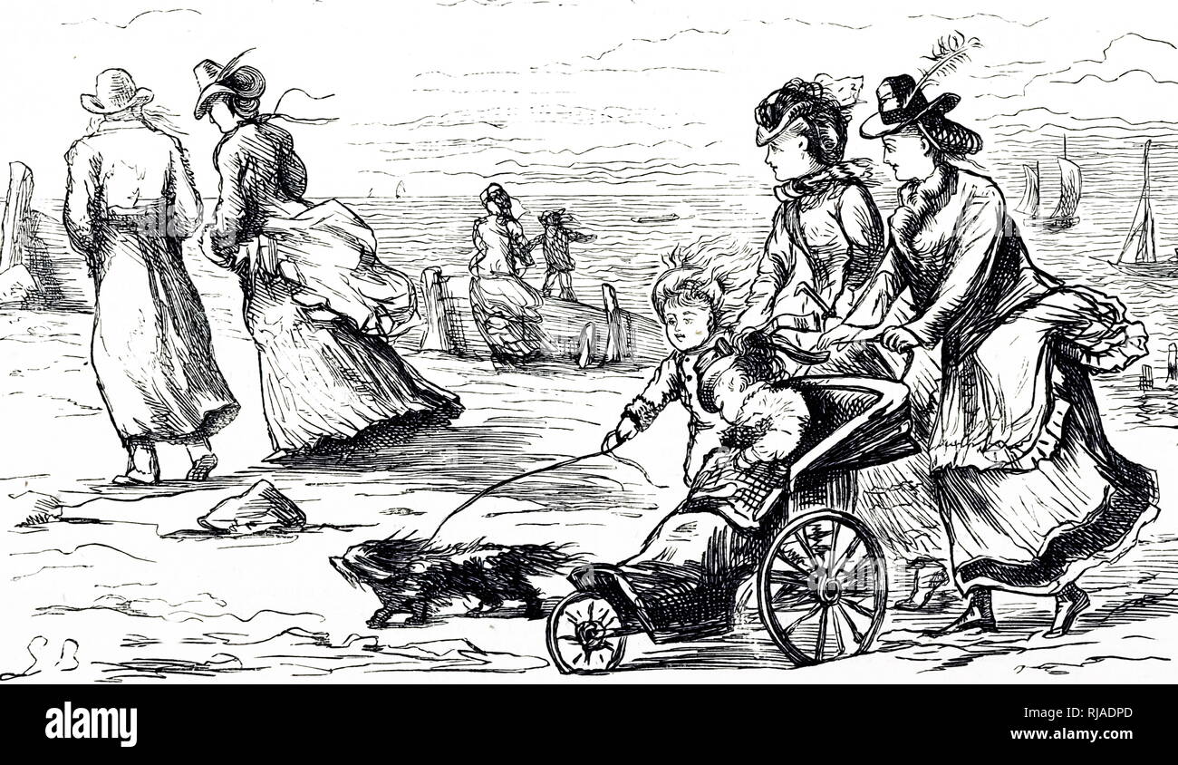 A cartoon depicting a nurse wheeling a child in a perambulation. Dated ...