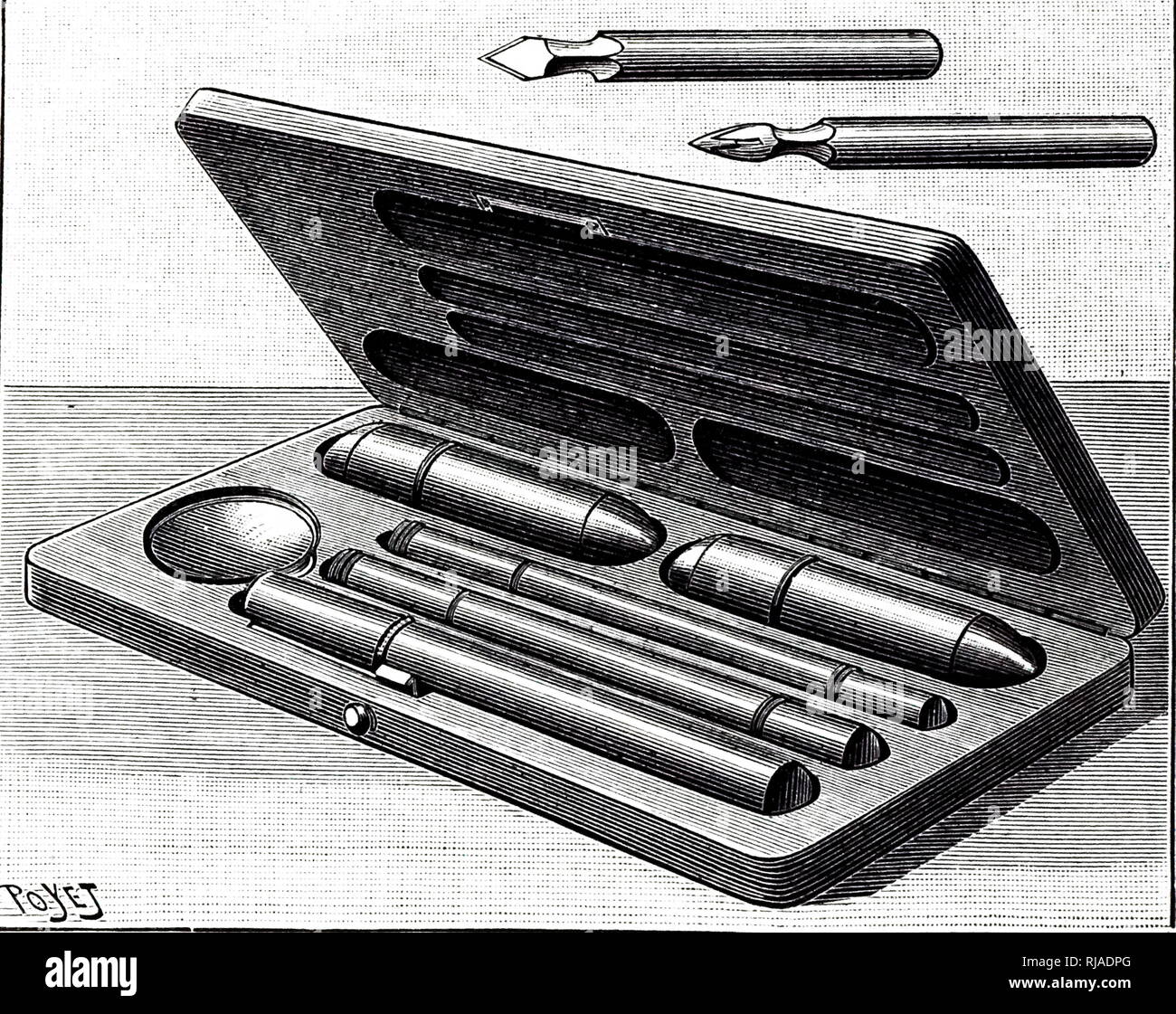 An engraving depicting Mareschal-type vaccinostyles. Vaccinostyles were ...