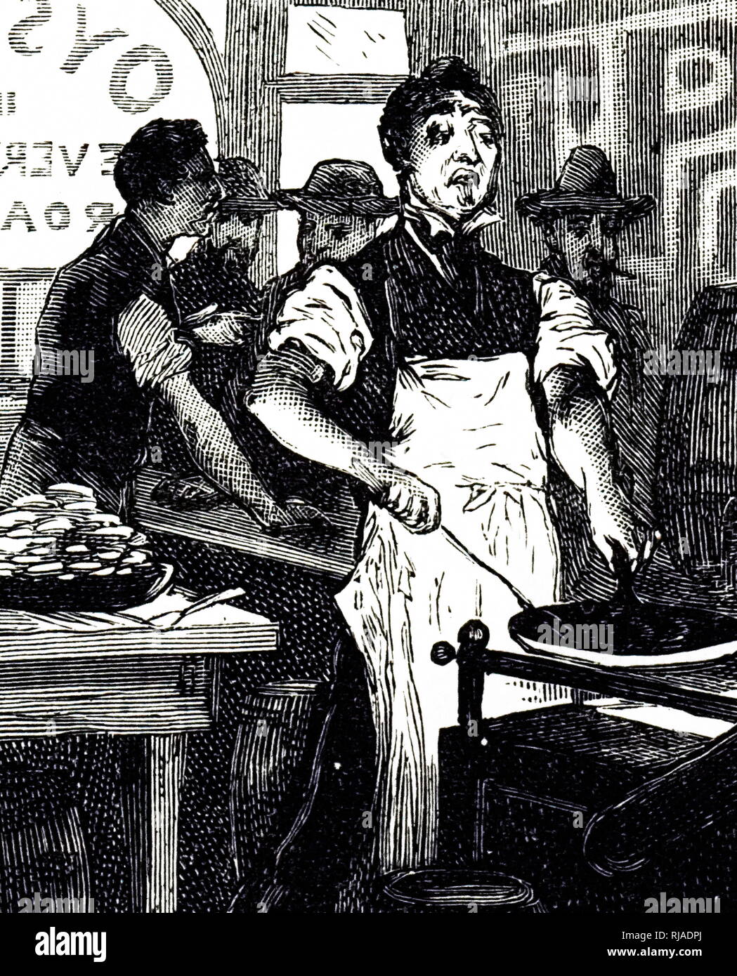 An engraving depicting the frying of oysters in an American snack-bar ...