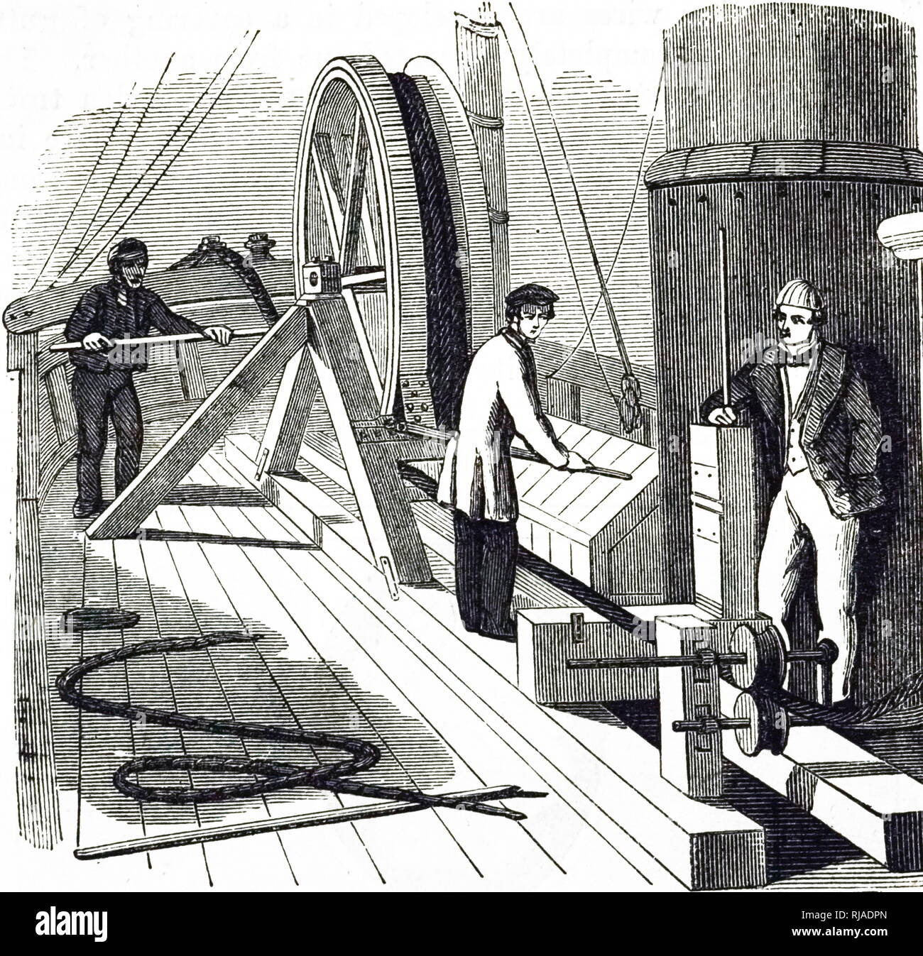 An engraving depicting the submarine telegraph cable between Holyhead ...