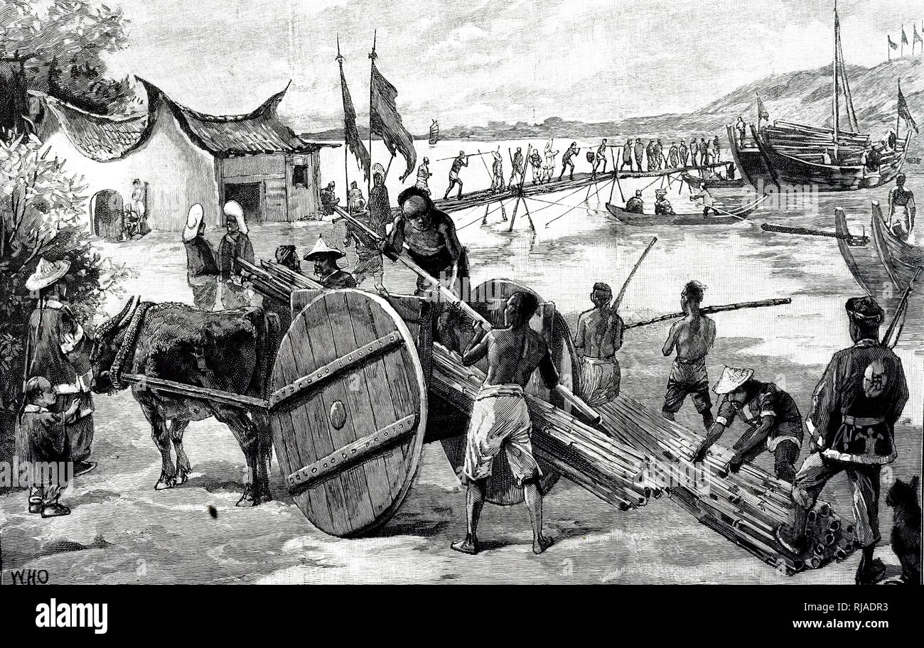 An engraving depicting an ox-cart with a crude solid wheel. In the ...