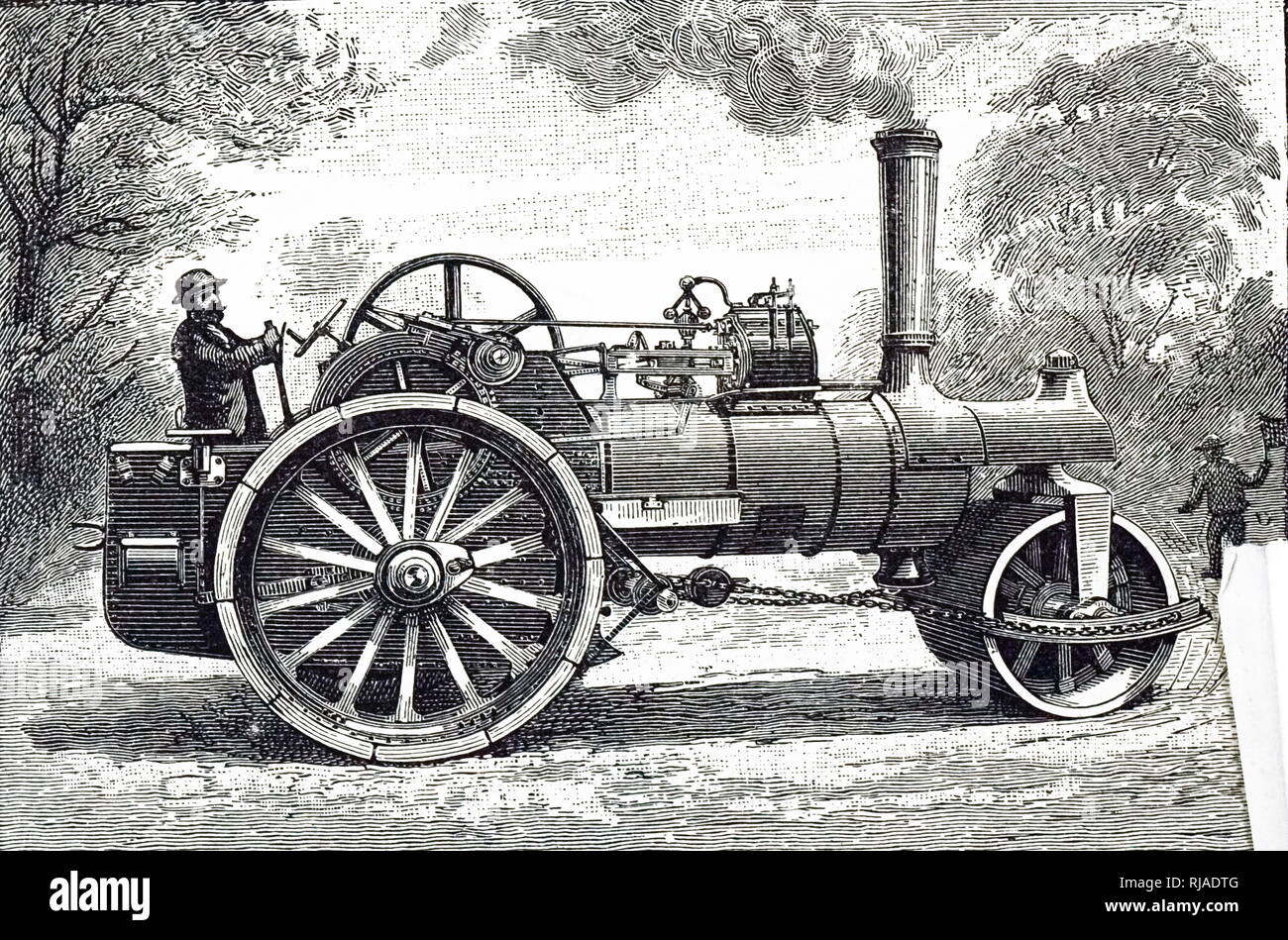 An engraving depicting a steamroller and traction engine. The front ...