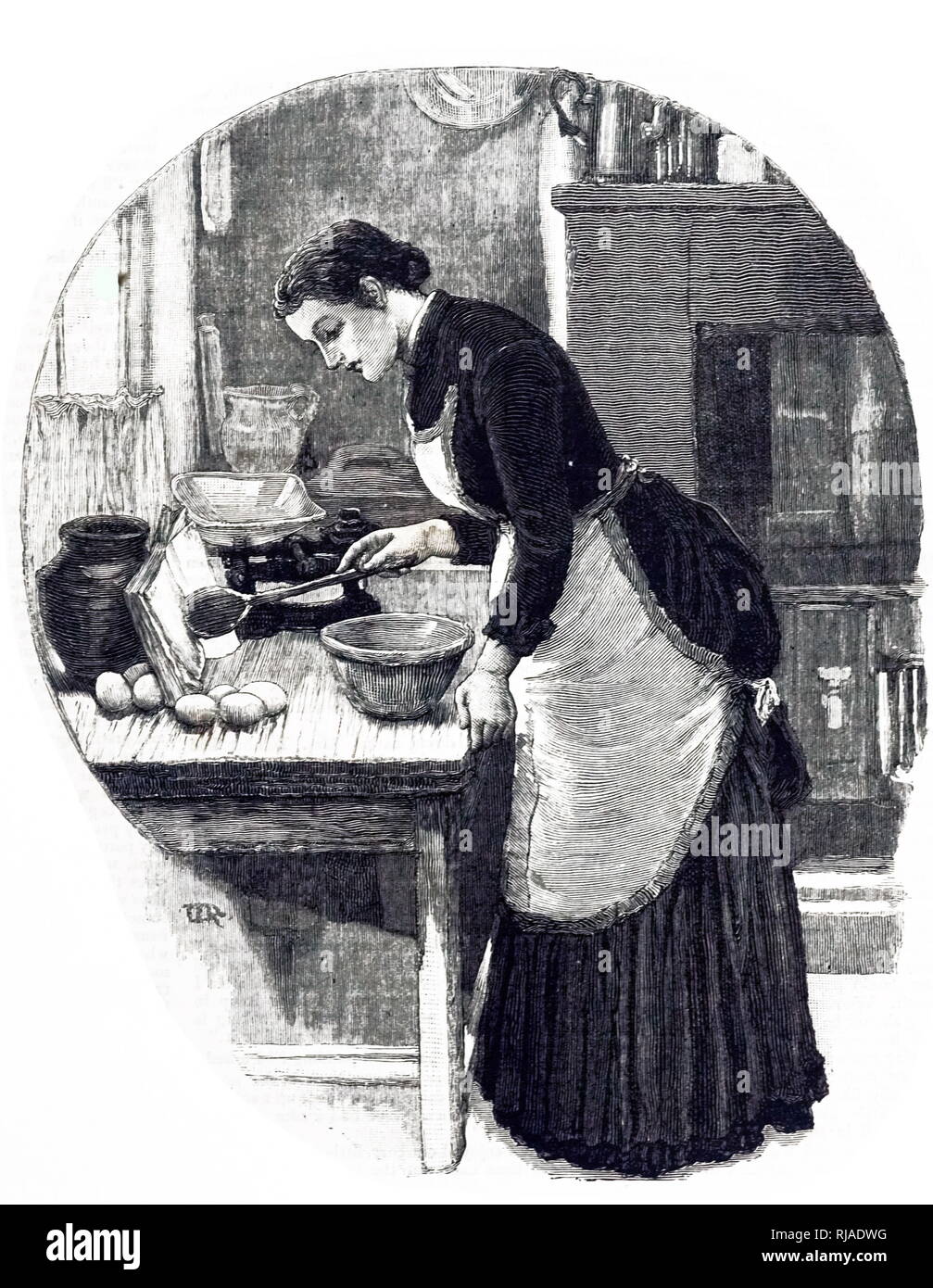 An engraving depicting a woman about to begin making a cake. Behind her ...