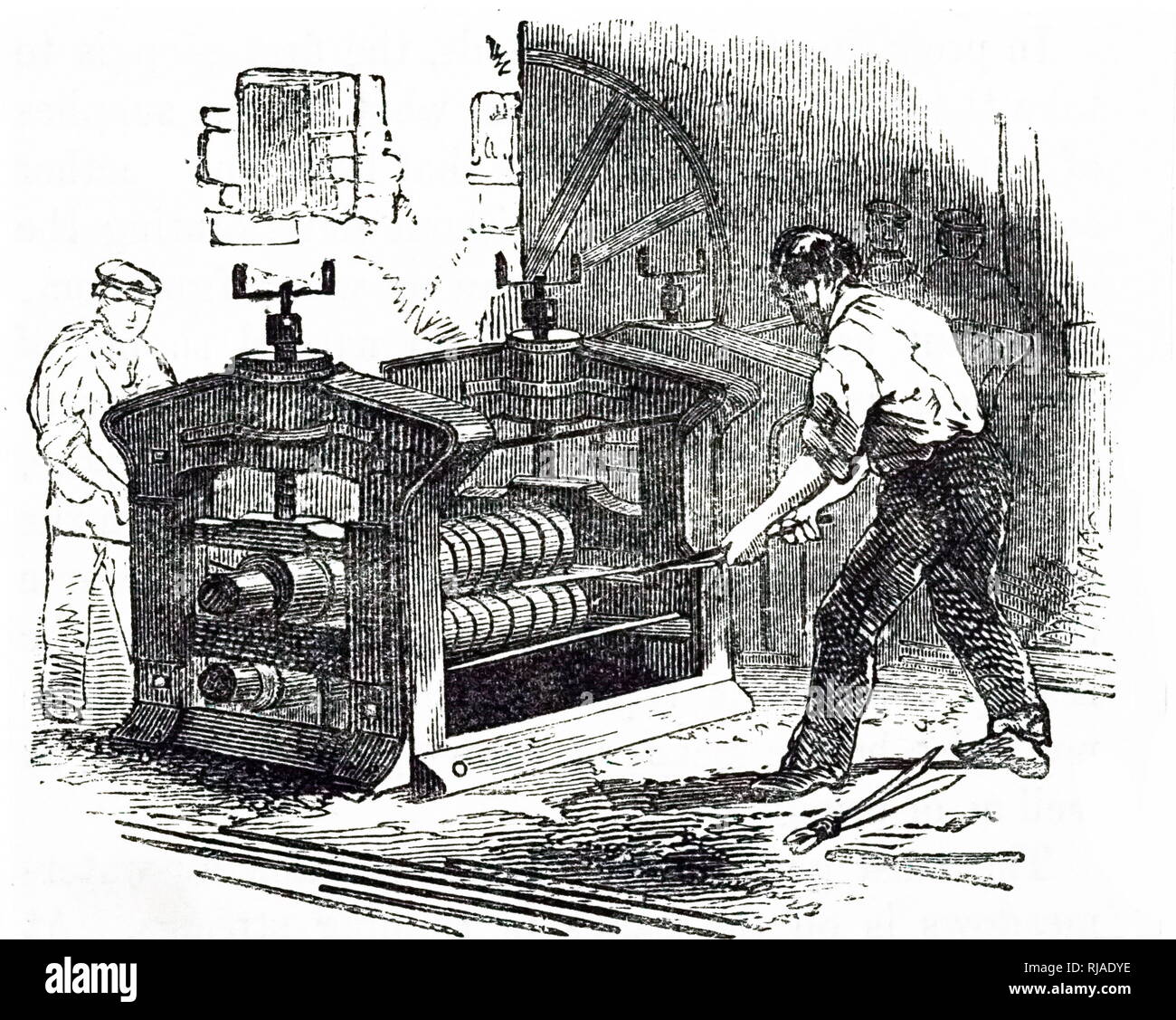 An engraving depicting a man rolling cast steel - Sheffield. Dated 19th ...