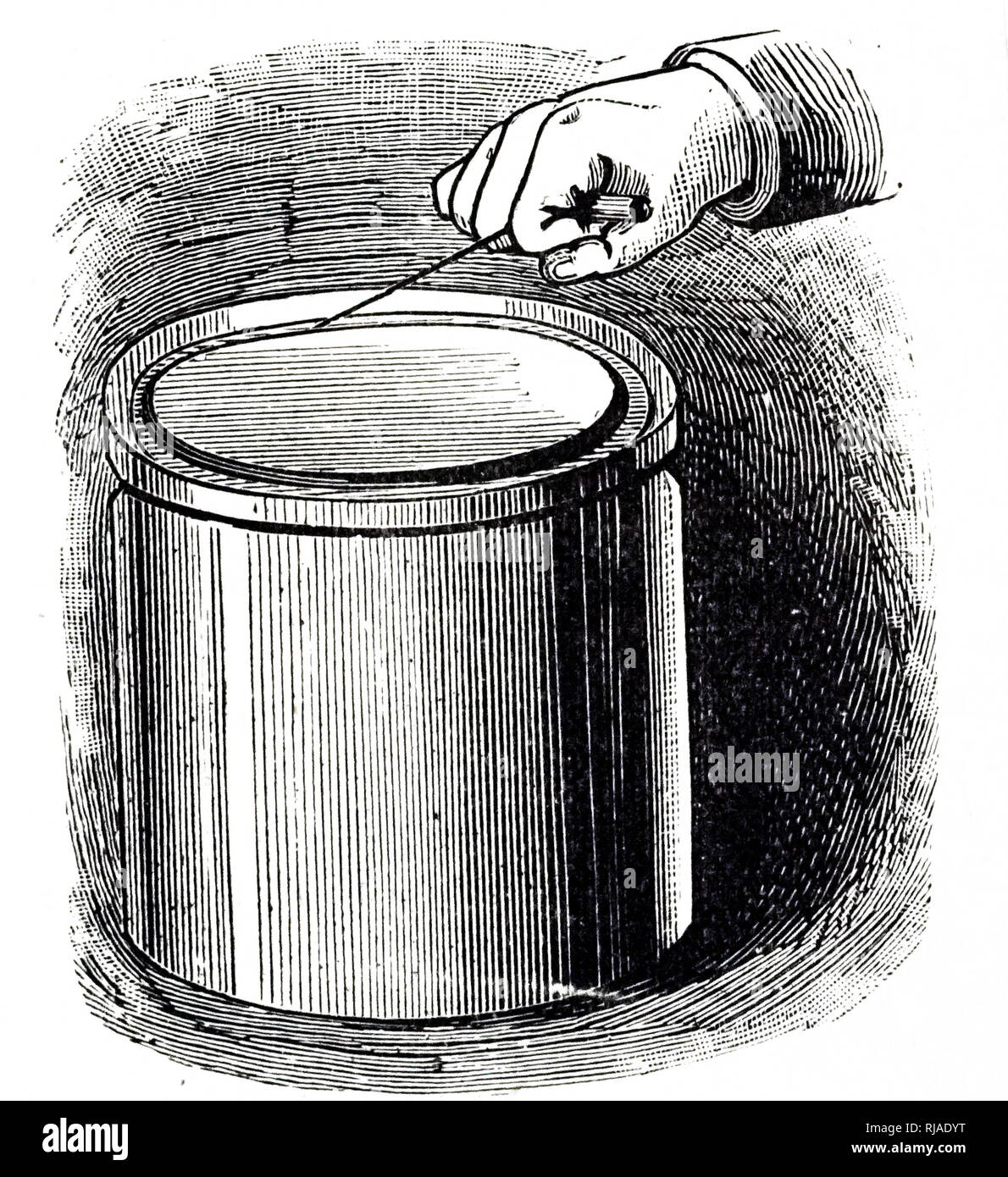 An engraving depicting an easily opened tin can. The lid was inserted ...
